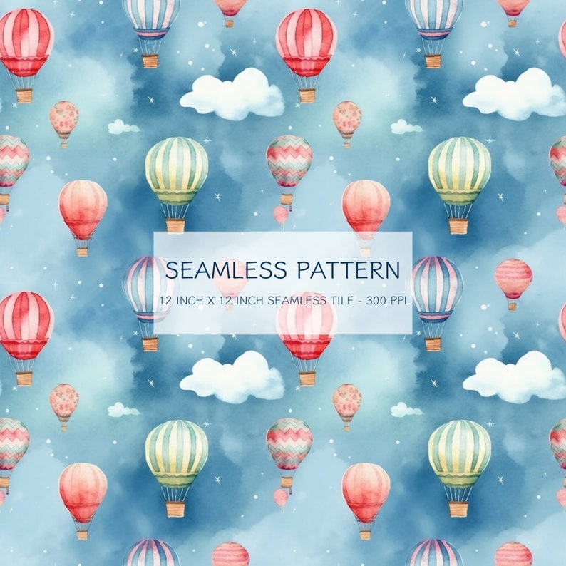 Dreamy Hot Air Balloon Seamless Watercolor Pattern Digital Design ...