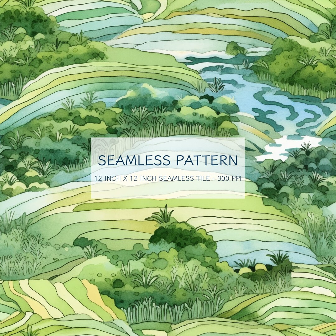 Terraced Rice Paddy Seamless Watercolor Pattern Digital Design Download ...