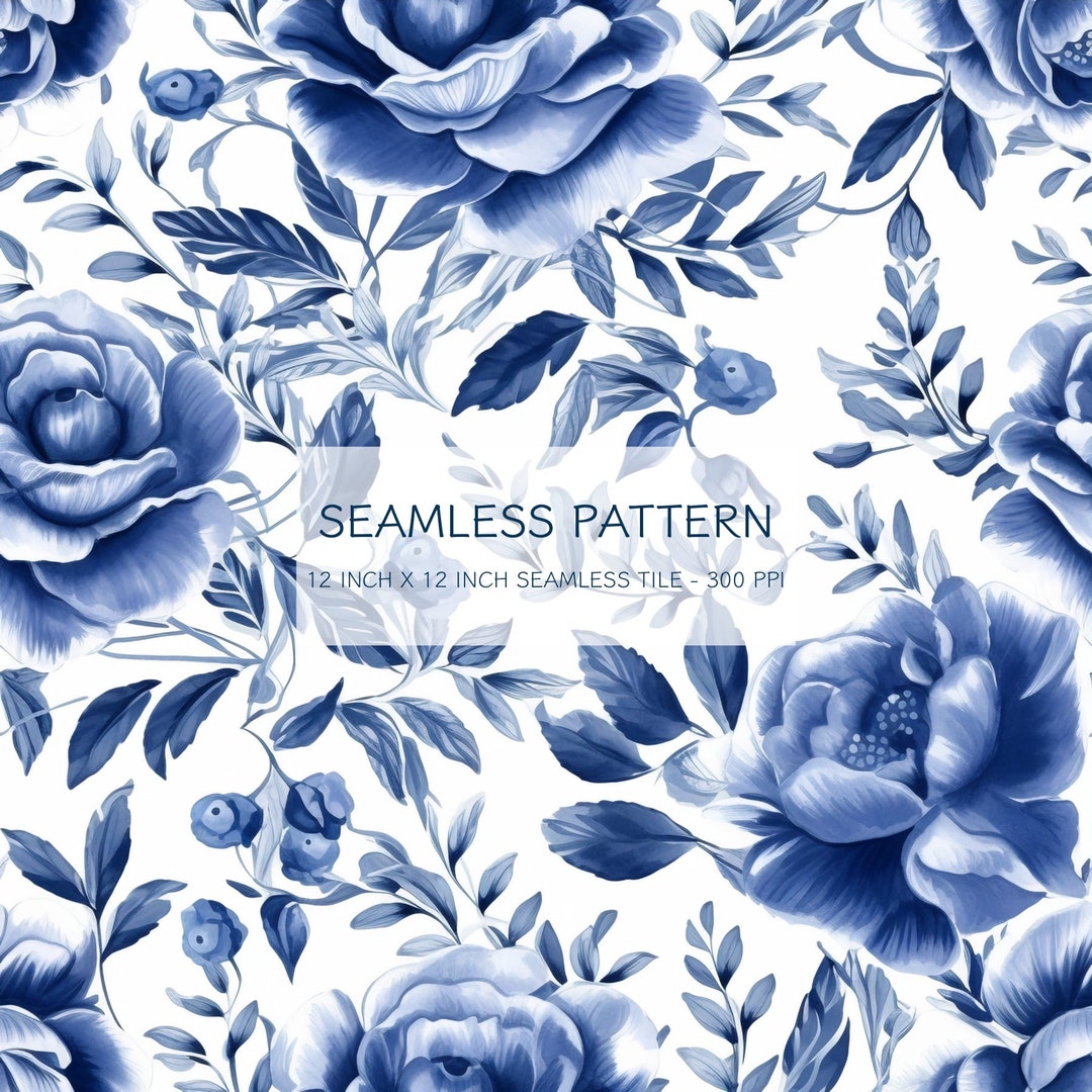 Prussian Blue Floral Seamless Watercolor Pattern Digital Design ...