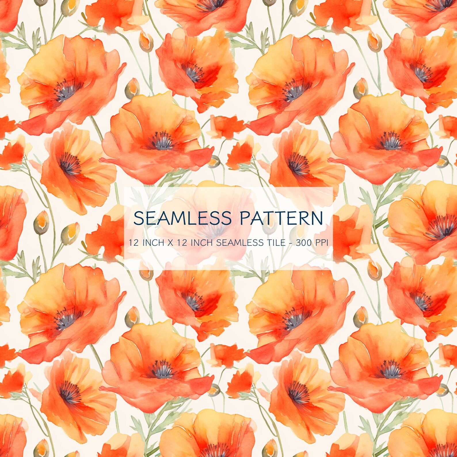 California Orange Poppy Seamless Watercolor Pattern Digital Design ...