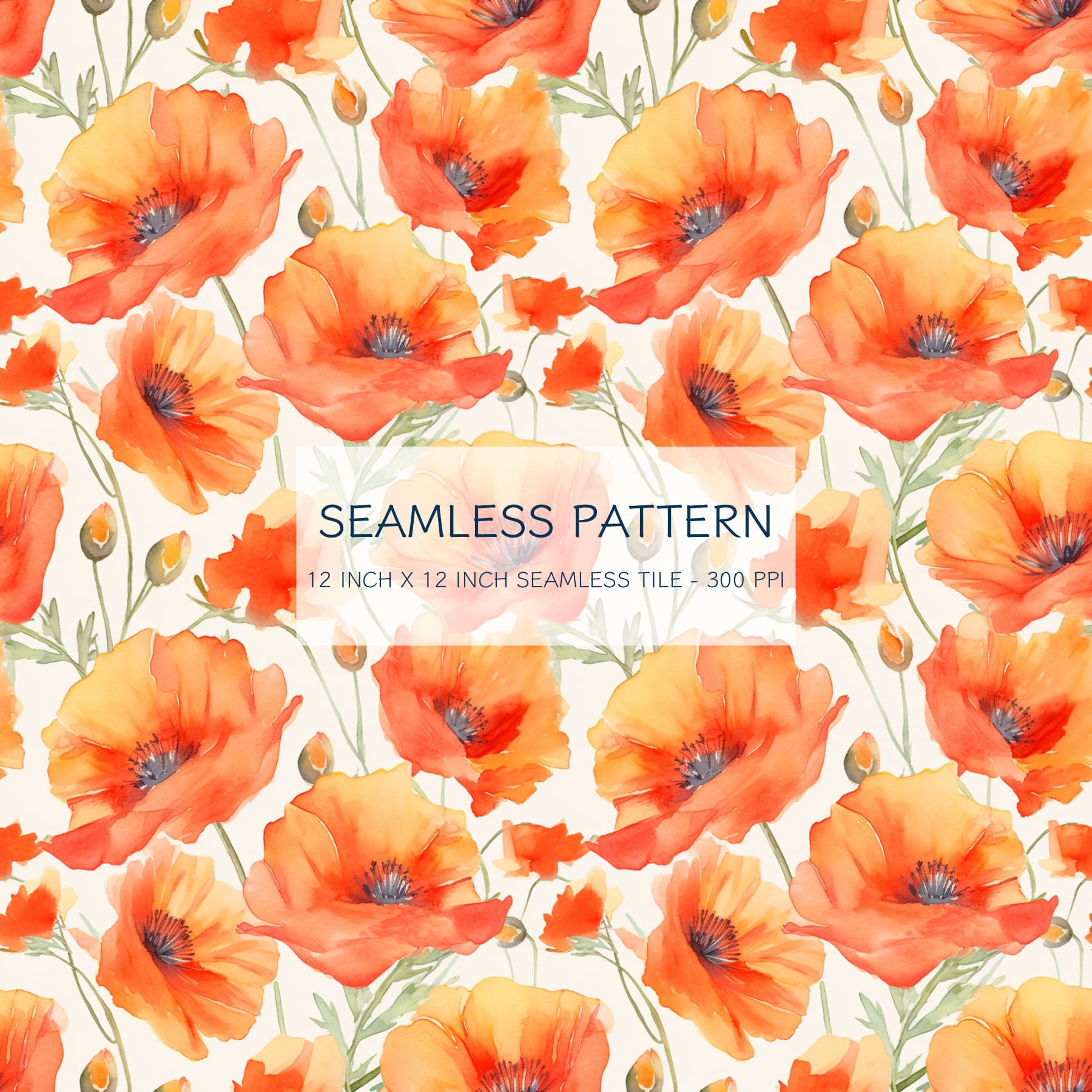 California Orange Poppy Seamless Watercolor Pattern Digital Design ...
