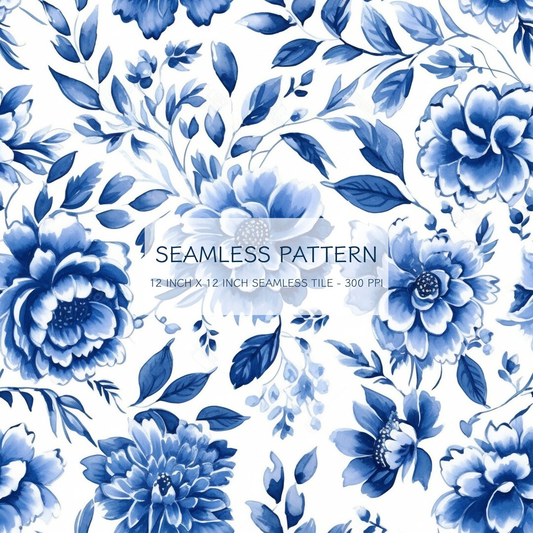 Porcelain Blue Floral Seamless Watercolor Pattern Digital Design ...