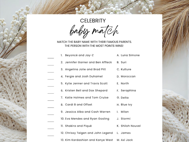 Celebrity Baby Match Game, Modern Baby Shower, Editable Template ...