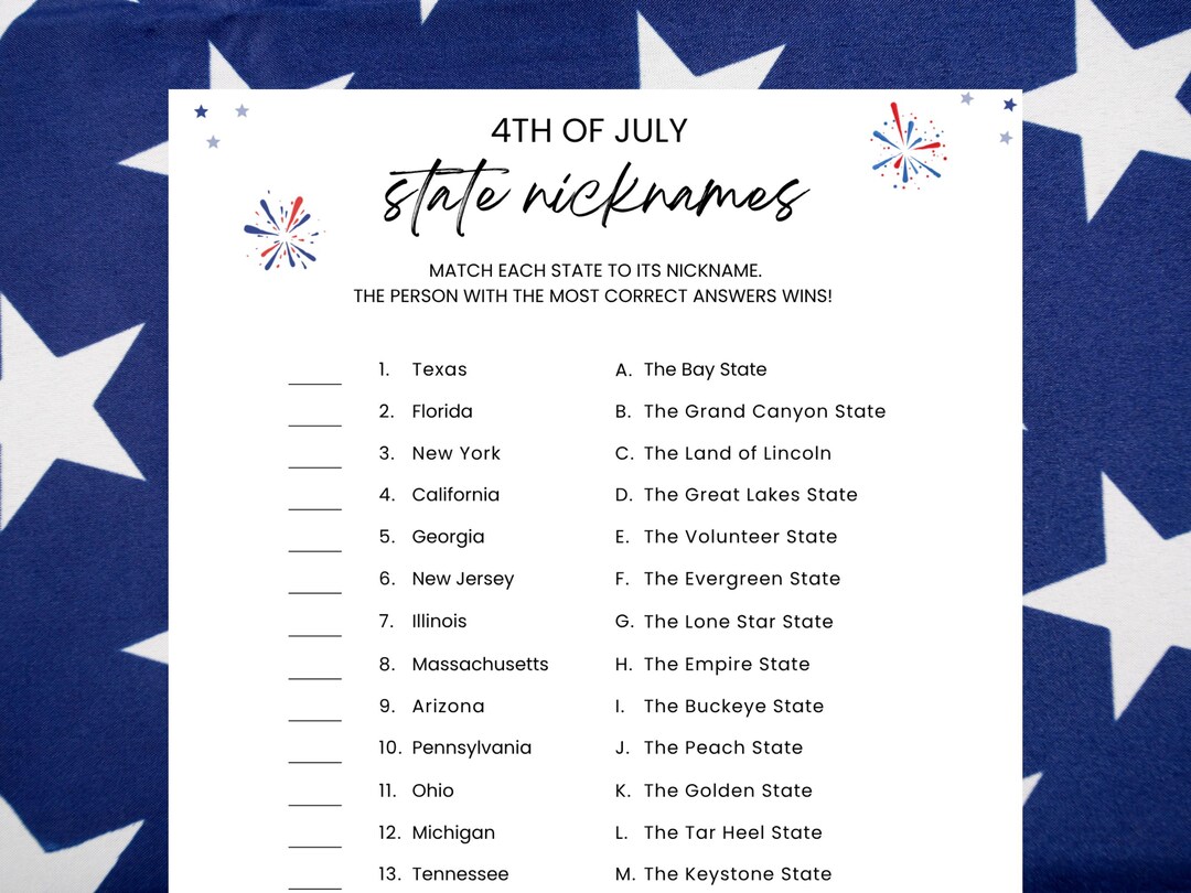 4th of July State Nicknames Match Game, State Nicknames Trivia, US ...