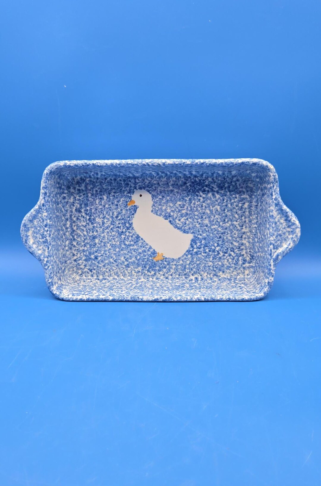 Vintage N S Gustin Co Blue Stipple Spongware Pottery Rectangle Baking ...