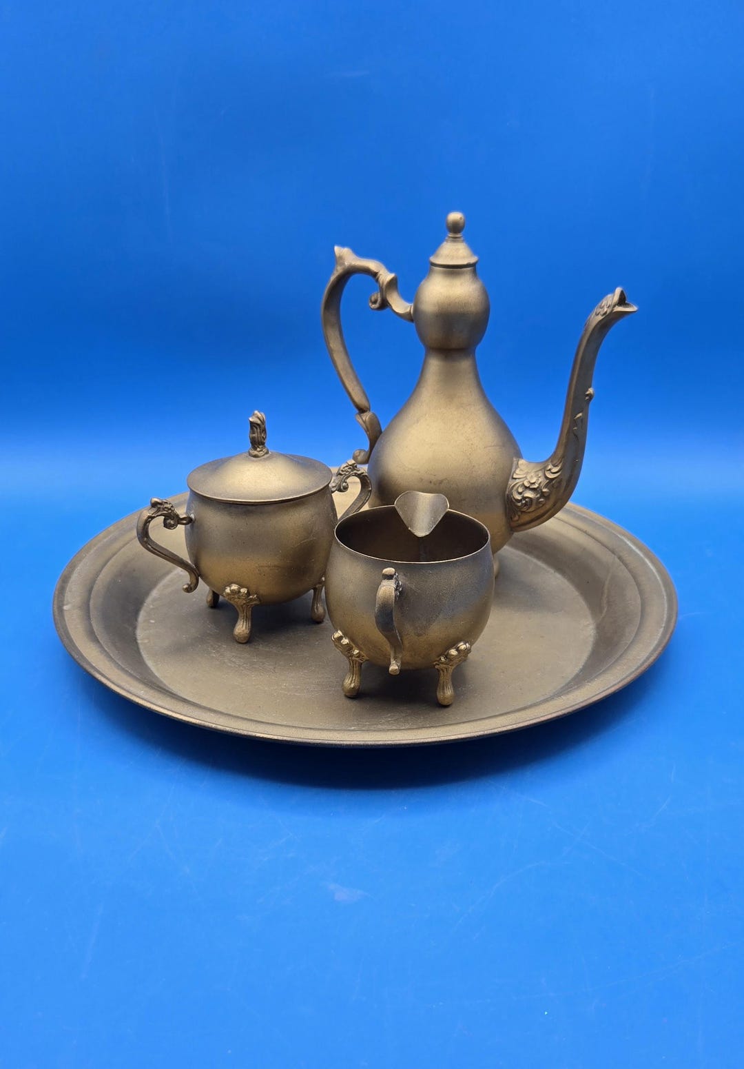 Vintage Brass Tea Set With Tray, Handcrafted Indian Tea Serving Set for ...