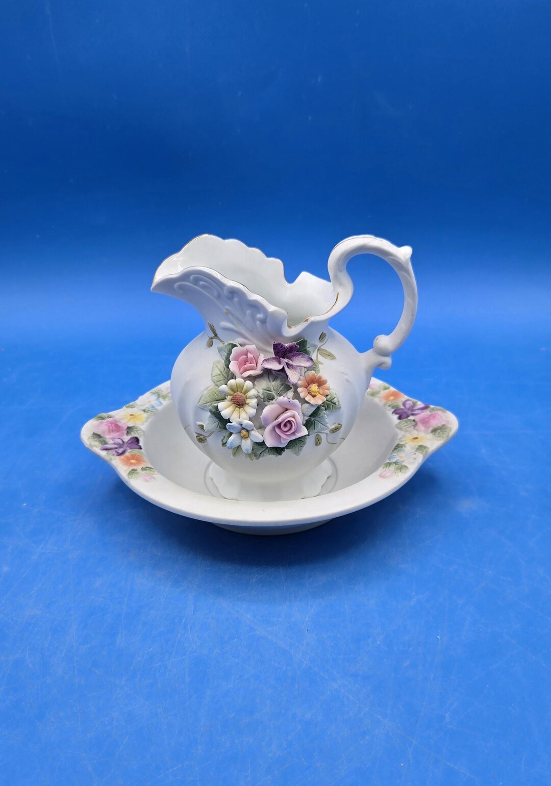 Vintage Lefton China 4.5” Hand Painted Basin & Decorative Pitcher Set ...