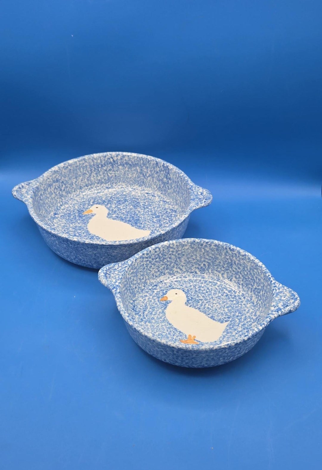 Vintage Pair N S Gustin Co Blue Stipple Spongware Pottery Oval Baking ...