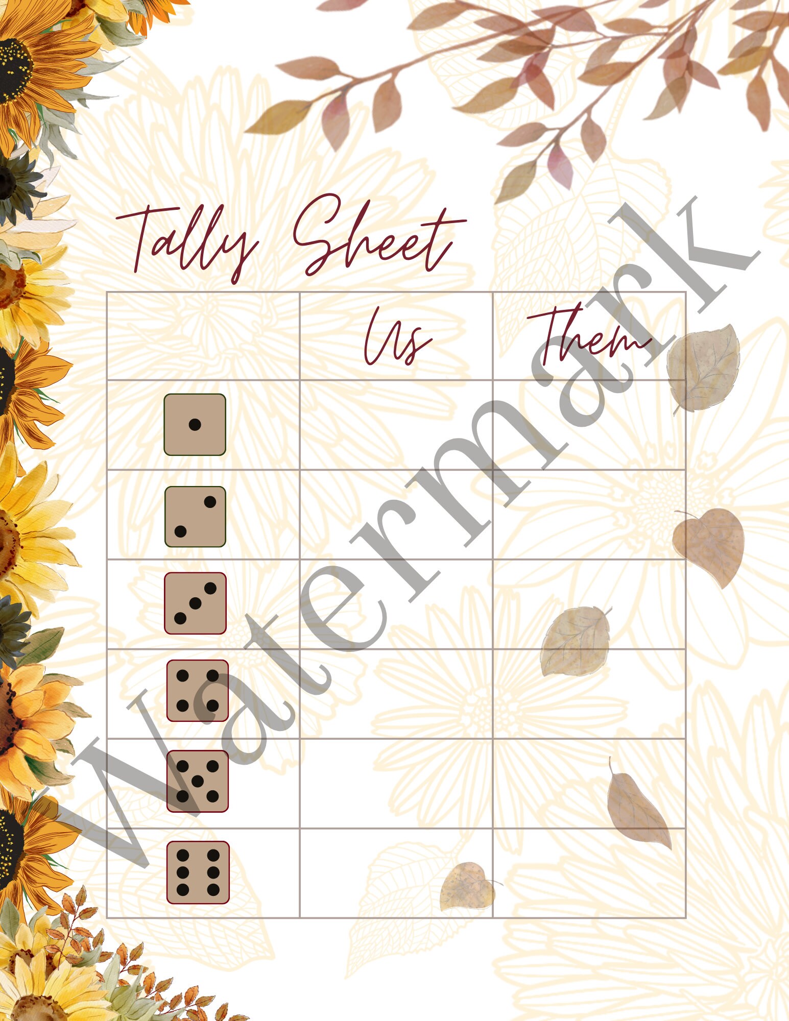 6 Game Autumn Fall Bunco Set: Score Cards, Tally Sheets, and 3 Table ...