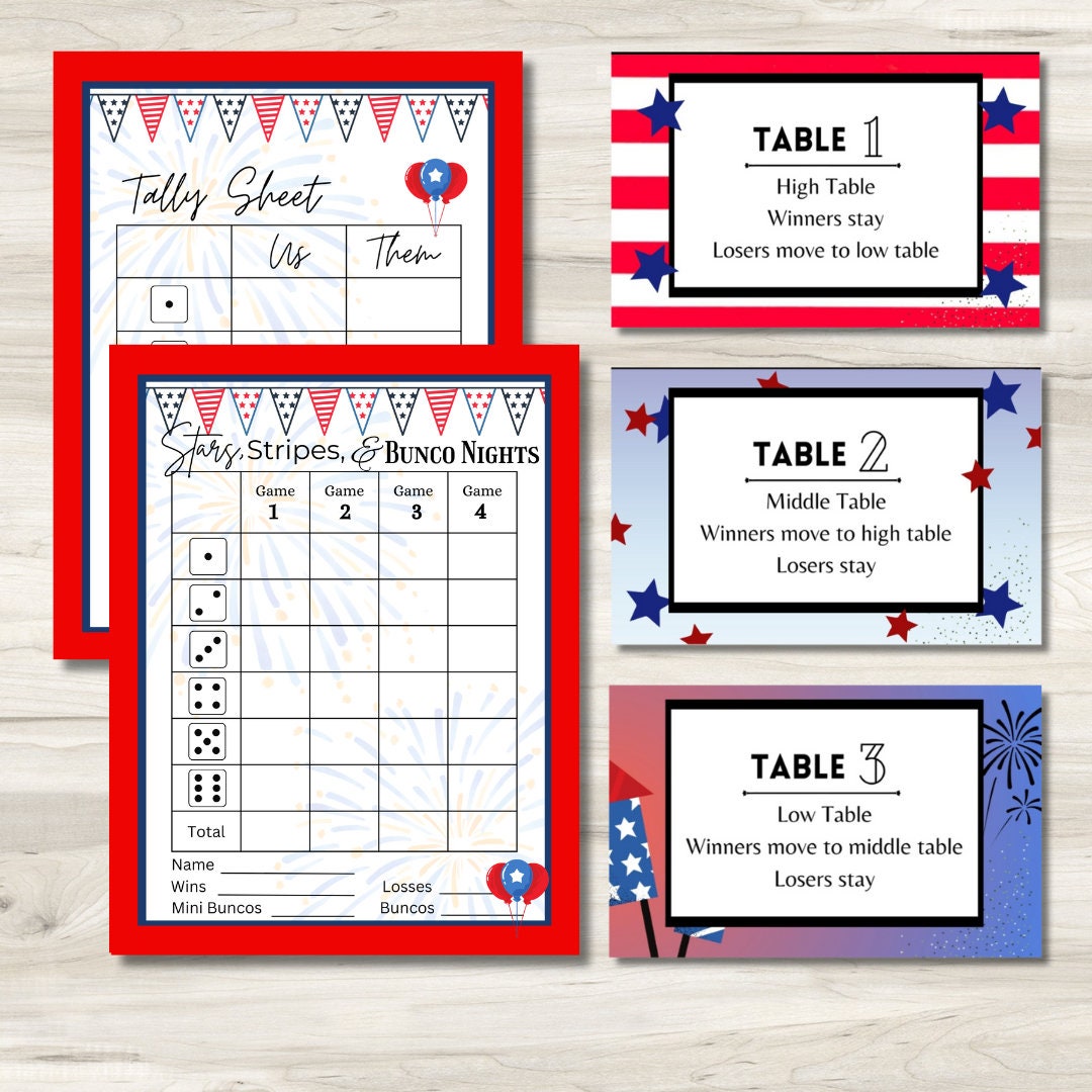 Patriotic Bunco Set: Stars Stripes and Bunco Nights 4th of July Red ...