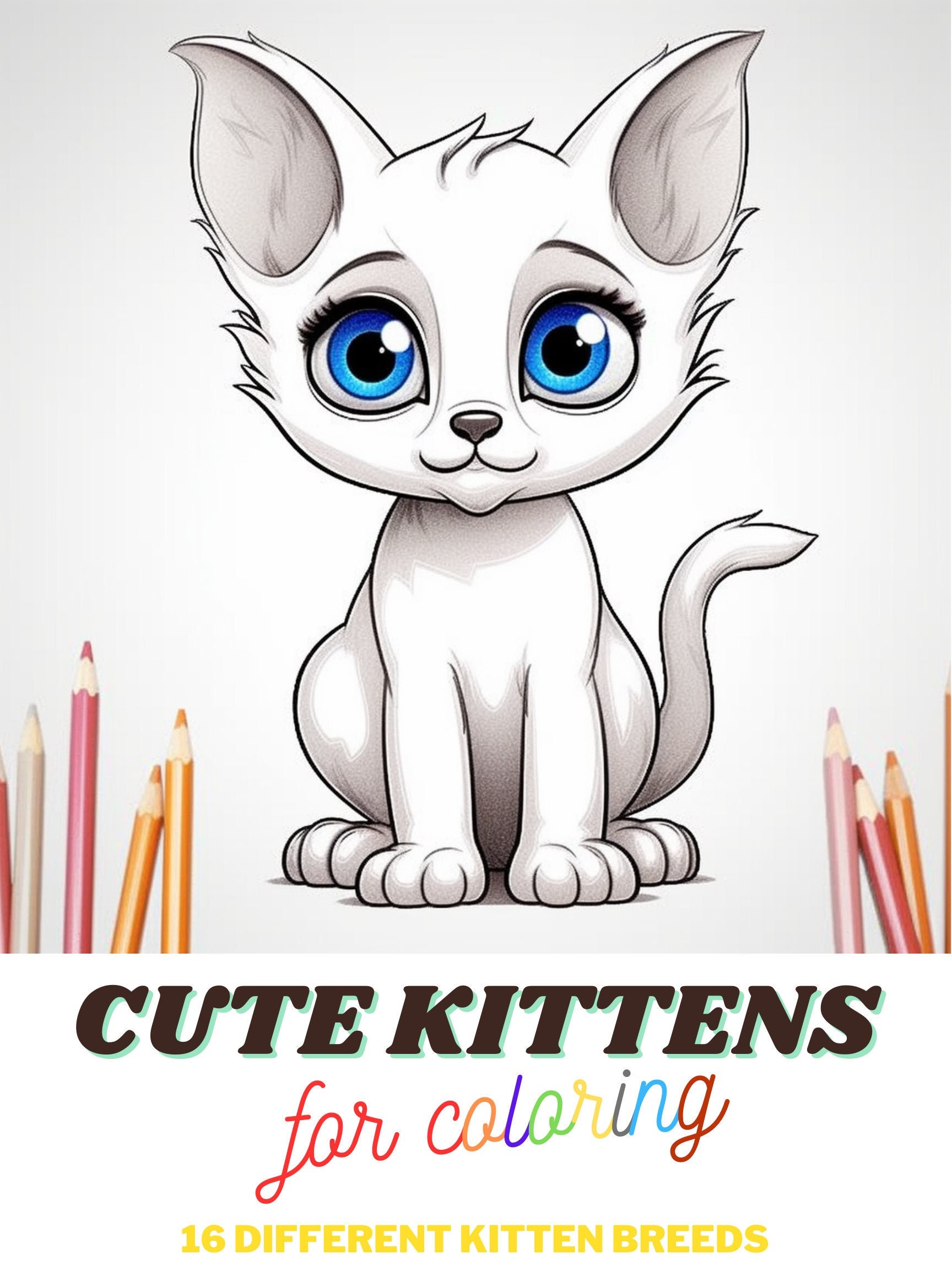 16 Cute Kittens Coloring Book Pages for Adults and Kids, Printable PDF ...