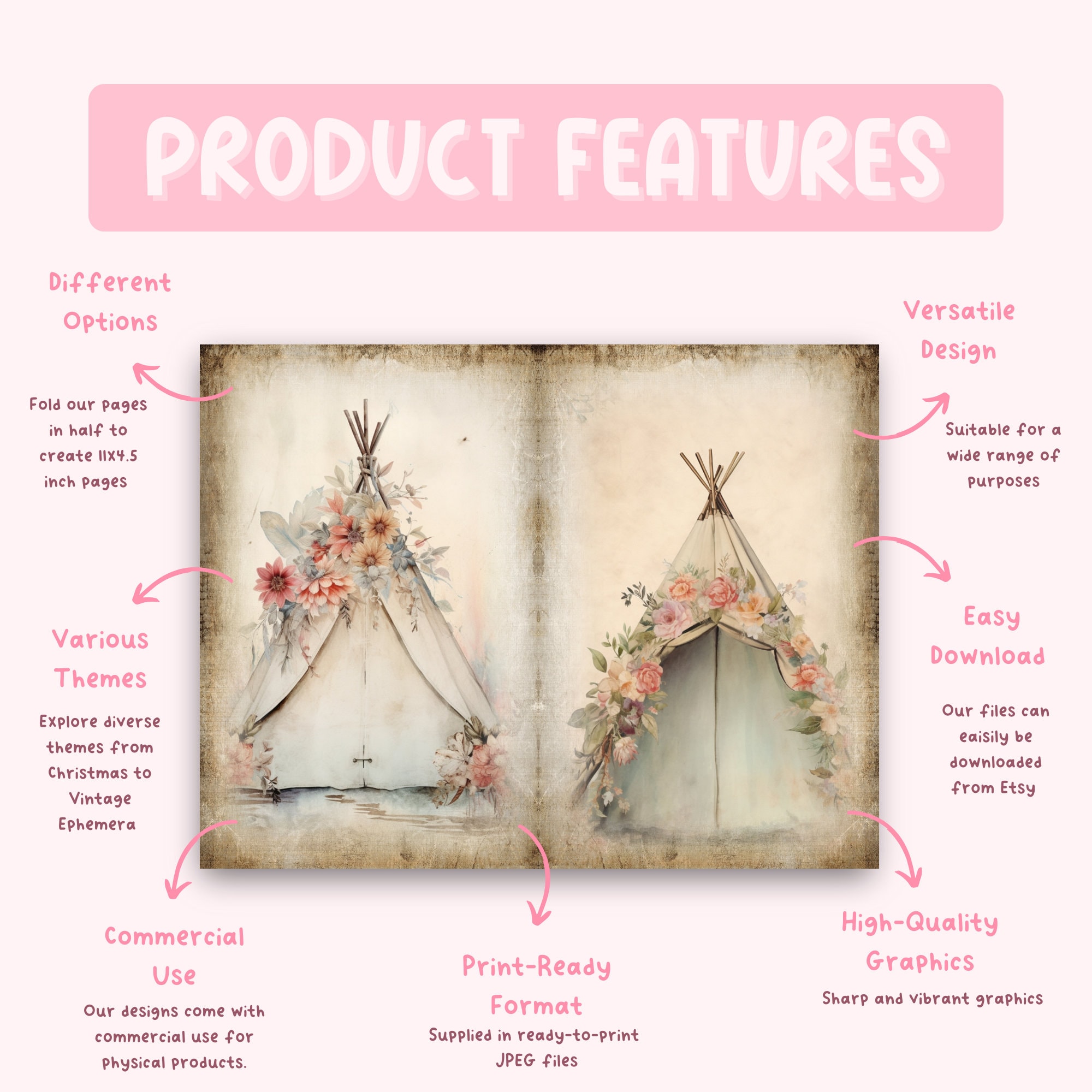 Bohemian Junk Journal Pages | Boho Chic Tents | Printable Paper ...