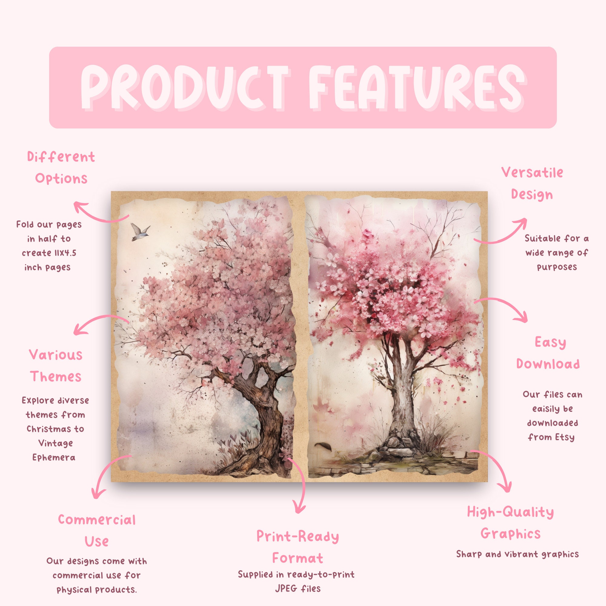 Pink Tree Junk Journal Pages, Vintage Roses Junk Journal Kit, Junk ...