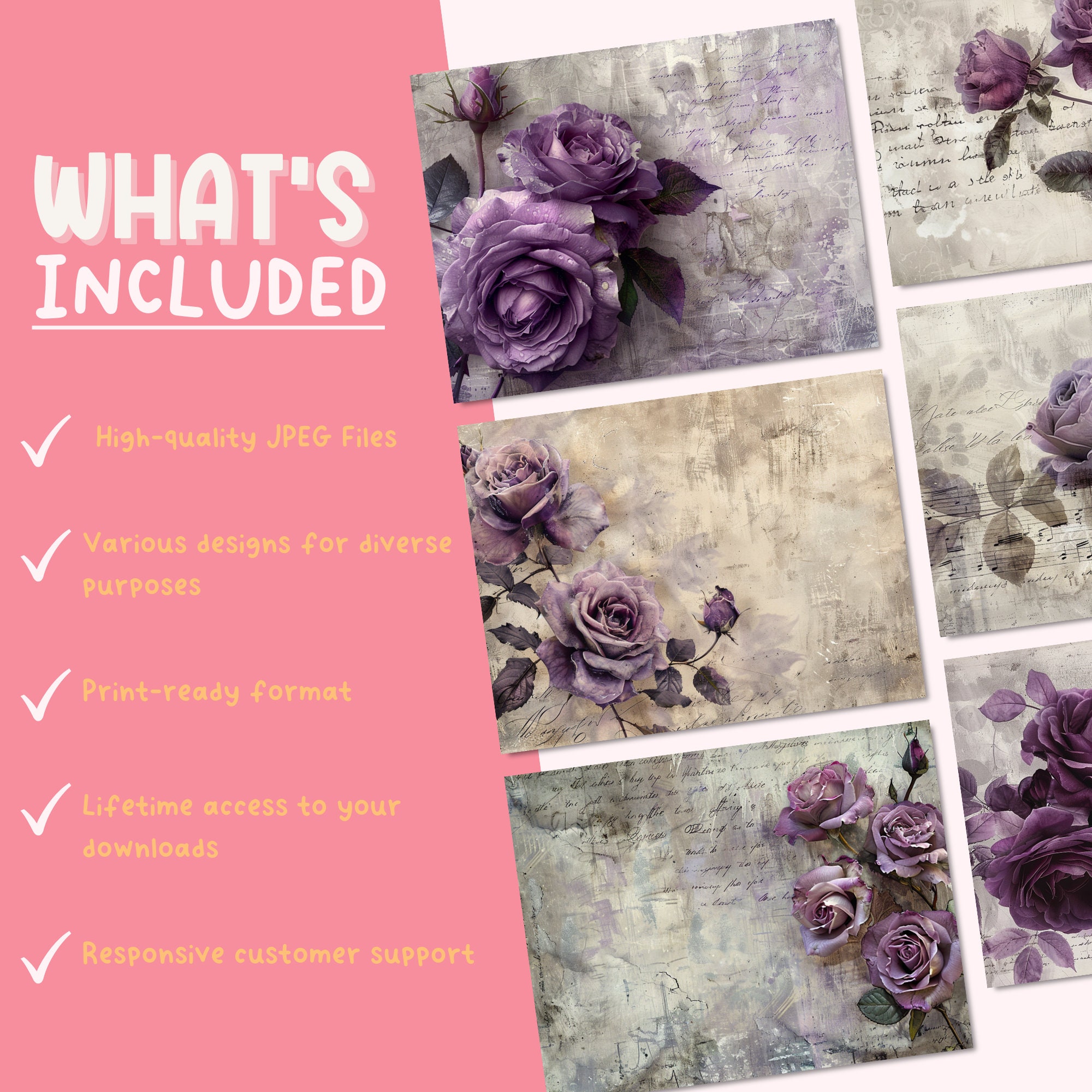 Vintage Purple Rose Junk Journal Page Bundle, Shabby Chic, Printable ...