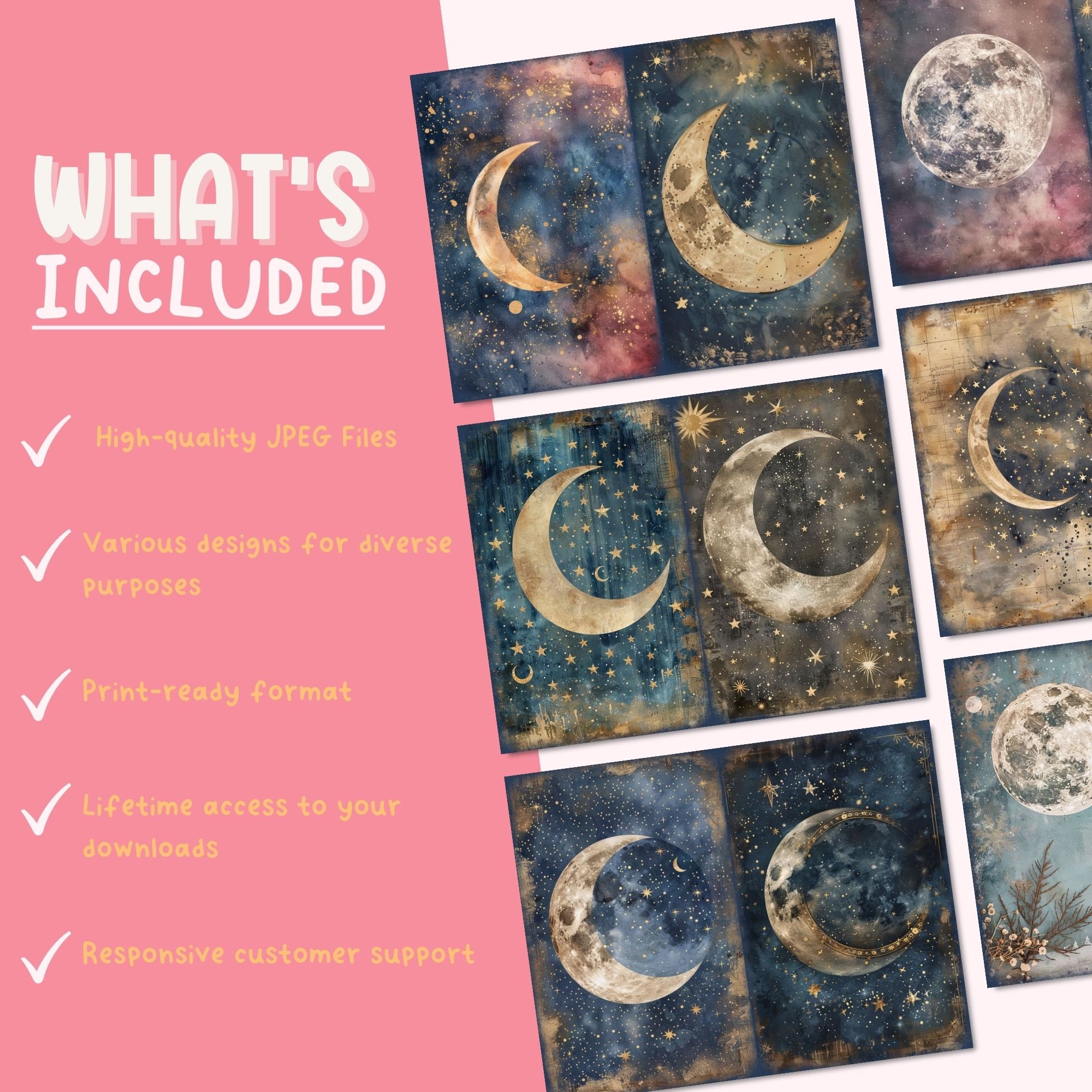 Celestial Moon Junk Journal Pages, Digital Scrapbook Paper Kit, Vintage ...