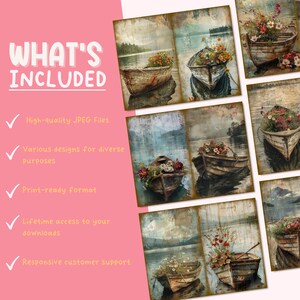 Floral Boat Junk Journal Pages, Digital Scrapbook Paper Kit, Printable ...