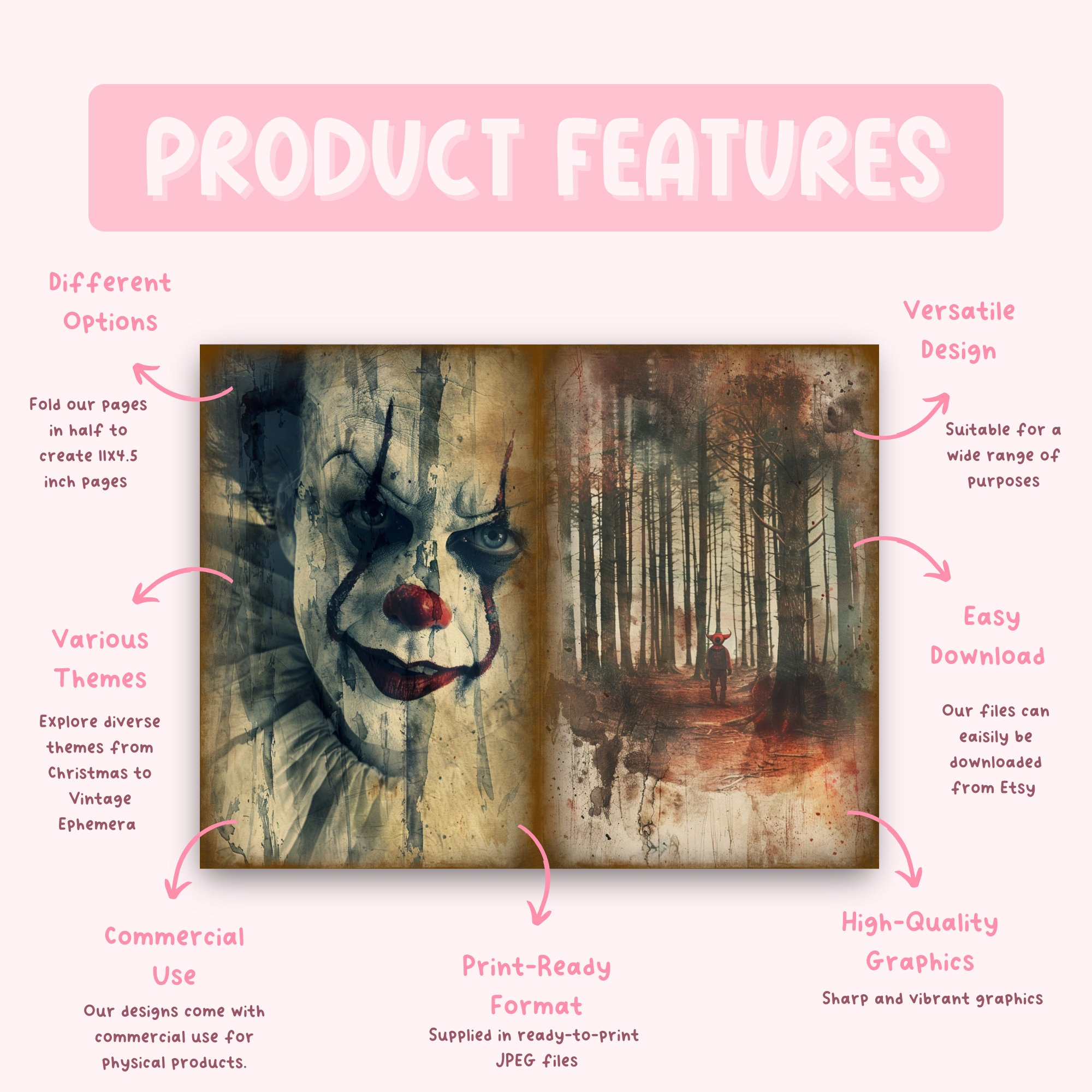 Creepy Clown Junk Journal Printable Pages, Digital Scrapbook Paper Kit ...