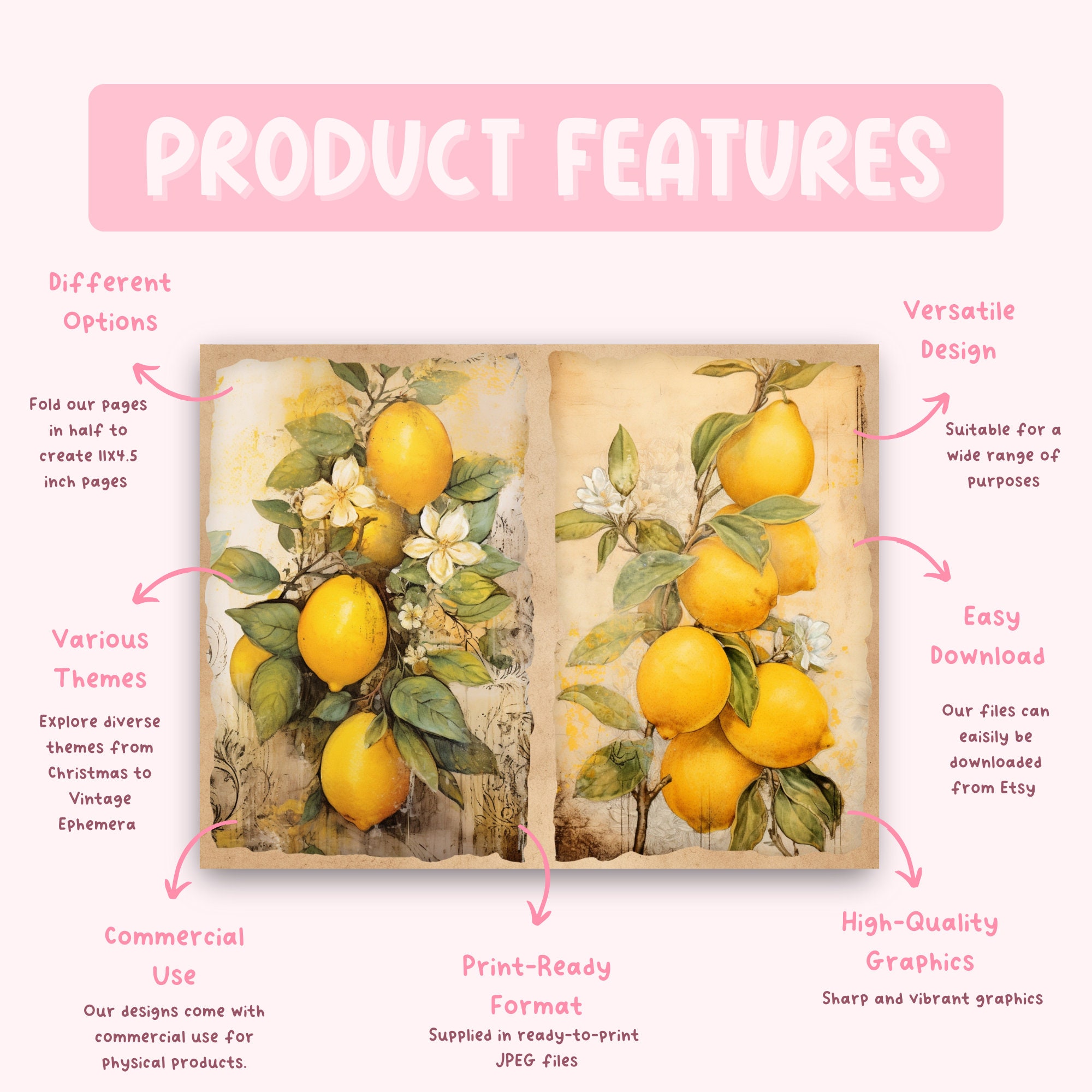 Lemon Junk Journal Pages, Digital Scrapbook Paper Kit, Fruit Printable ...