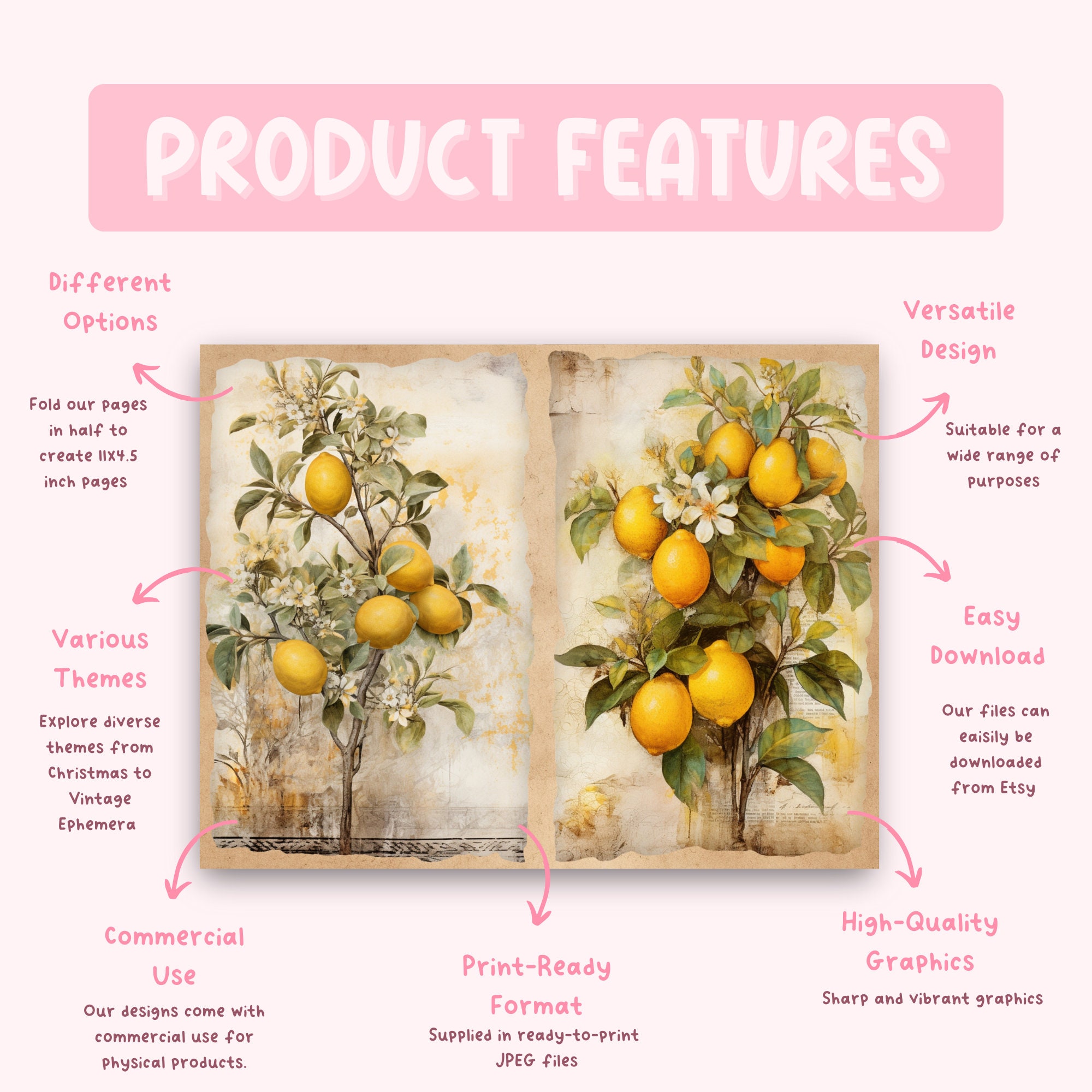 Lemon Tree Junk Journal Pages, Digital Scrapbook Paper Kit, Fruit ...