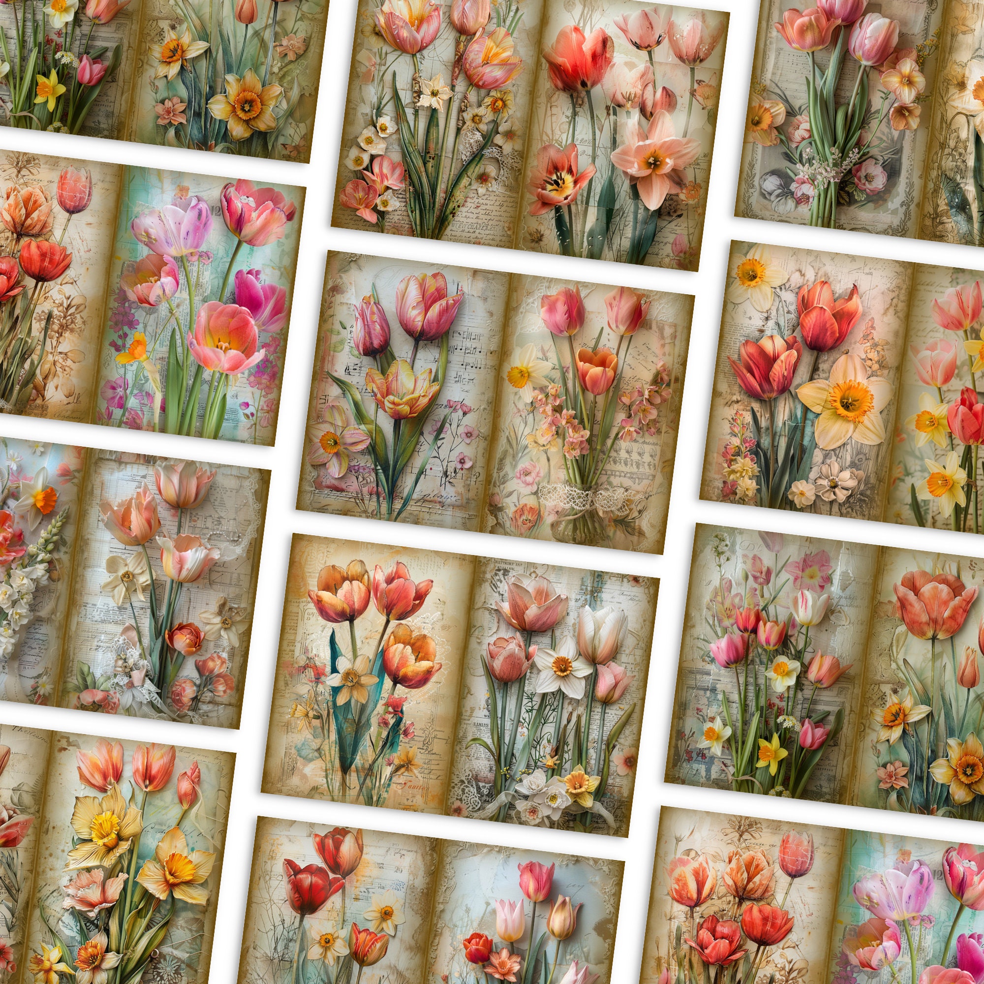 Vintage Tulip Junk Journal Pages, Digital Scrapbook Paper, Floral ...