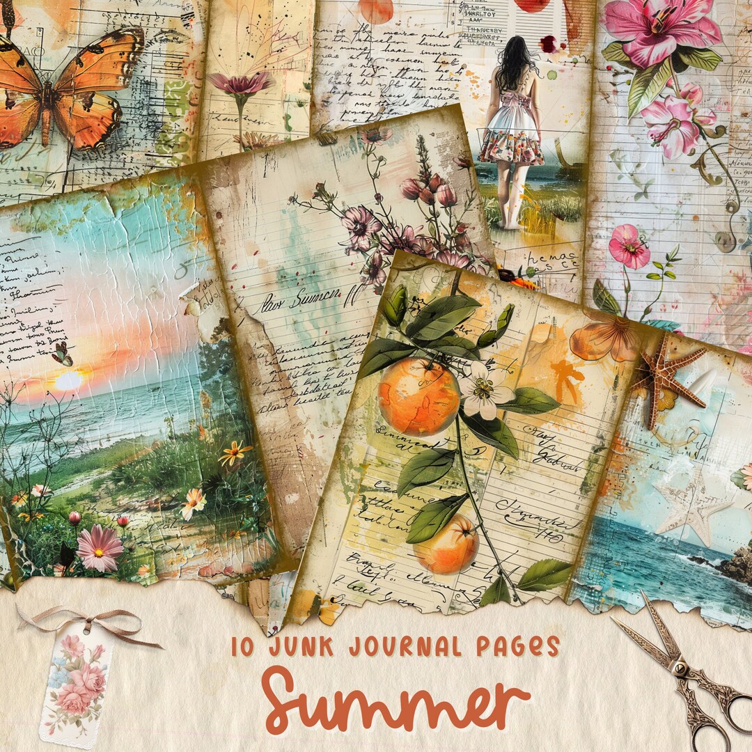 Summer Digital Junk Journal Background, Sand and Sea Collage Printable ...