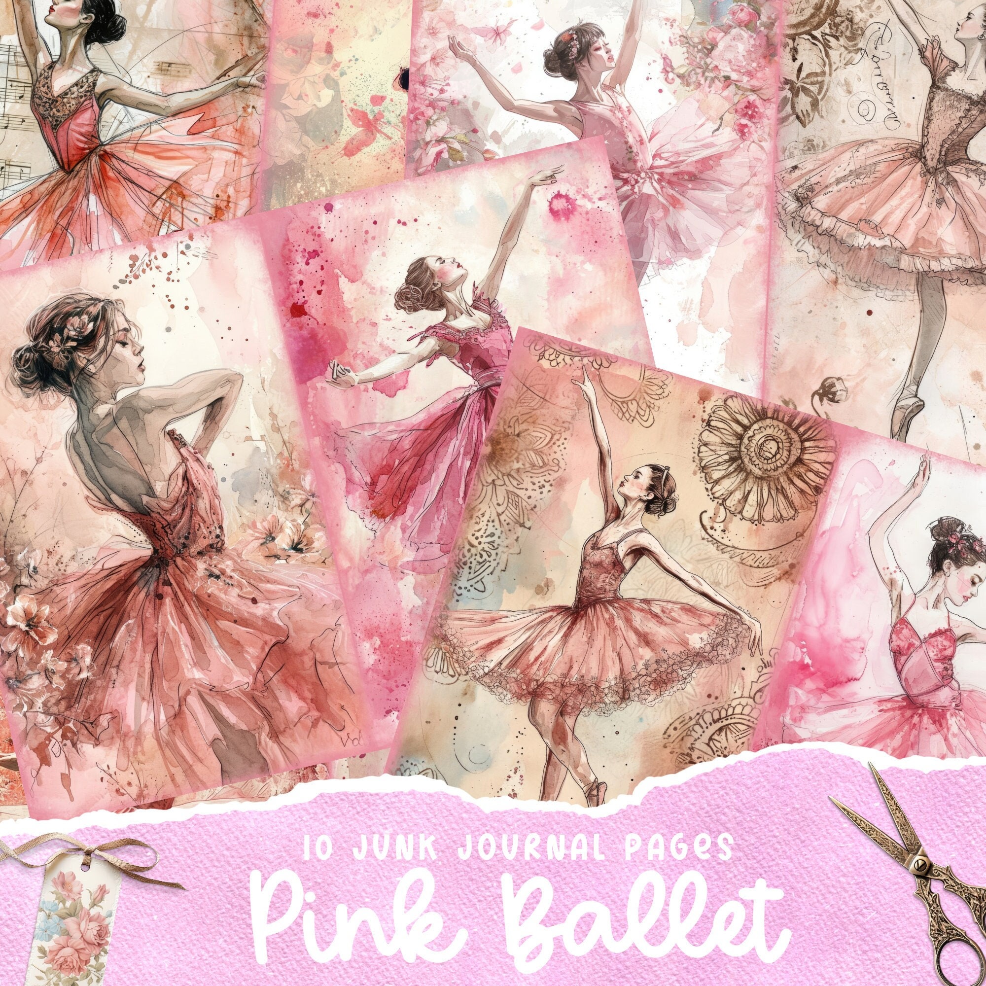 Pink Ballerina Junk Journal, Digital Floral Collage Sheet, Printable ...