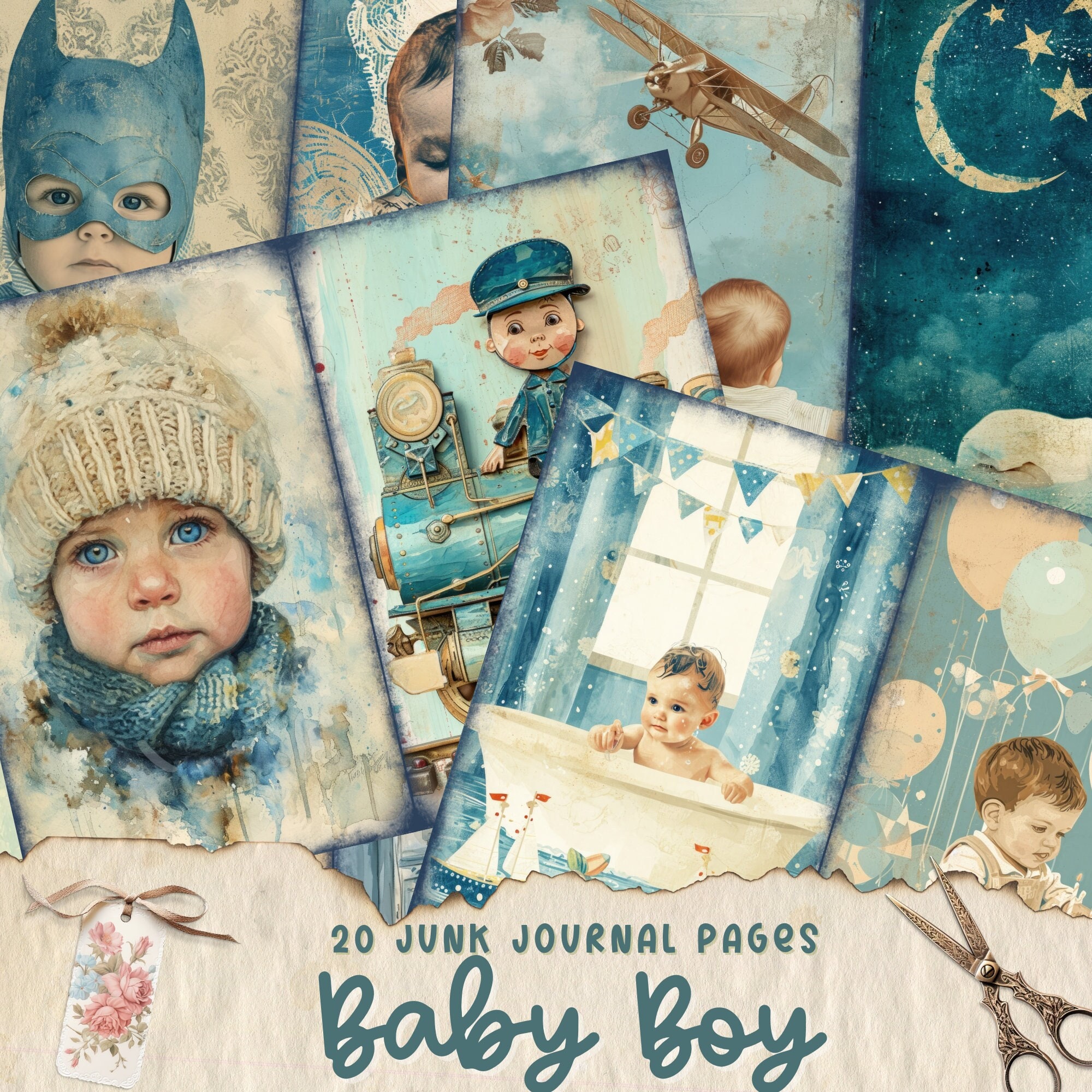 Vintage Baby Boy Junk Journal, Baby Boy Stickers, Junk Journal Supplies ...