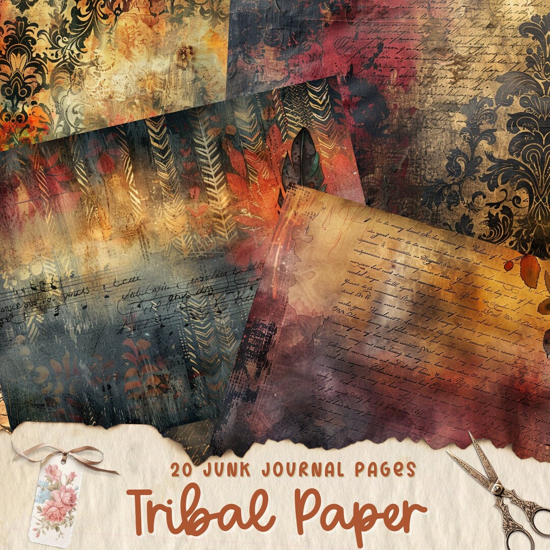 Vintage Tribal Junk Journal Page Bundle, Abstract Background, Printable ...