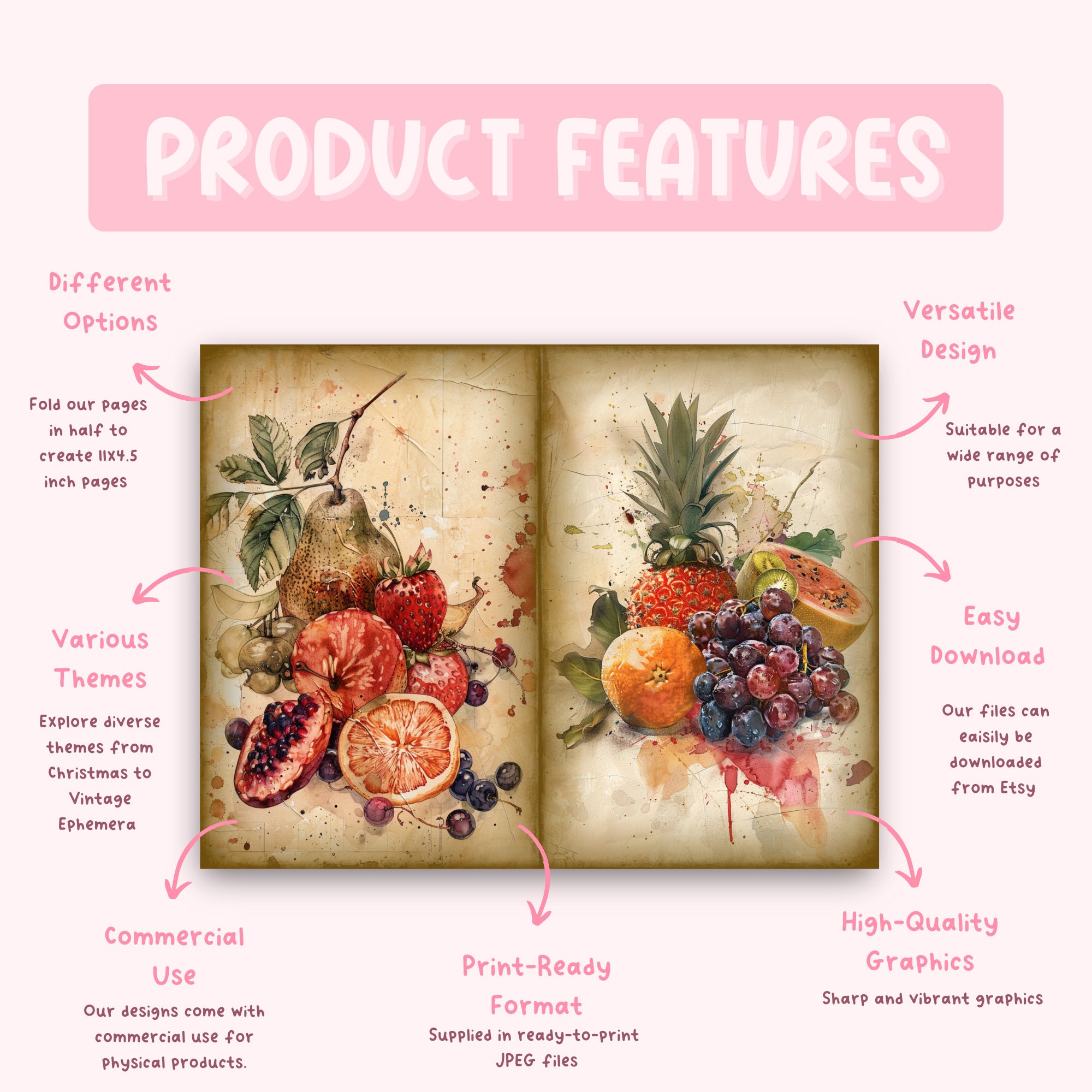Fruit Junk Journal Pages, Digital Scrapbook Paper Kit, Printable ...
