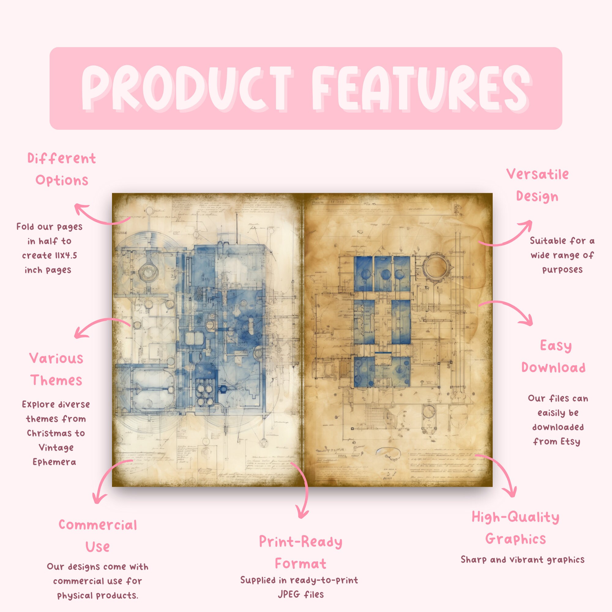 Vintage Blueprint Junk Journal Pages, Printable Collage Sheet, Digital ...