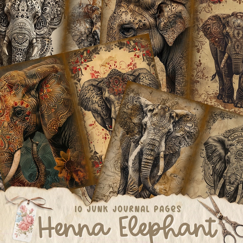 Elephant Junk Journal Pages, Henna Pattern, Indian Textures, Ethnic ...