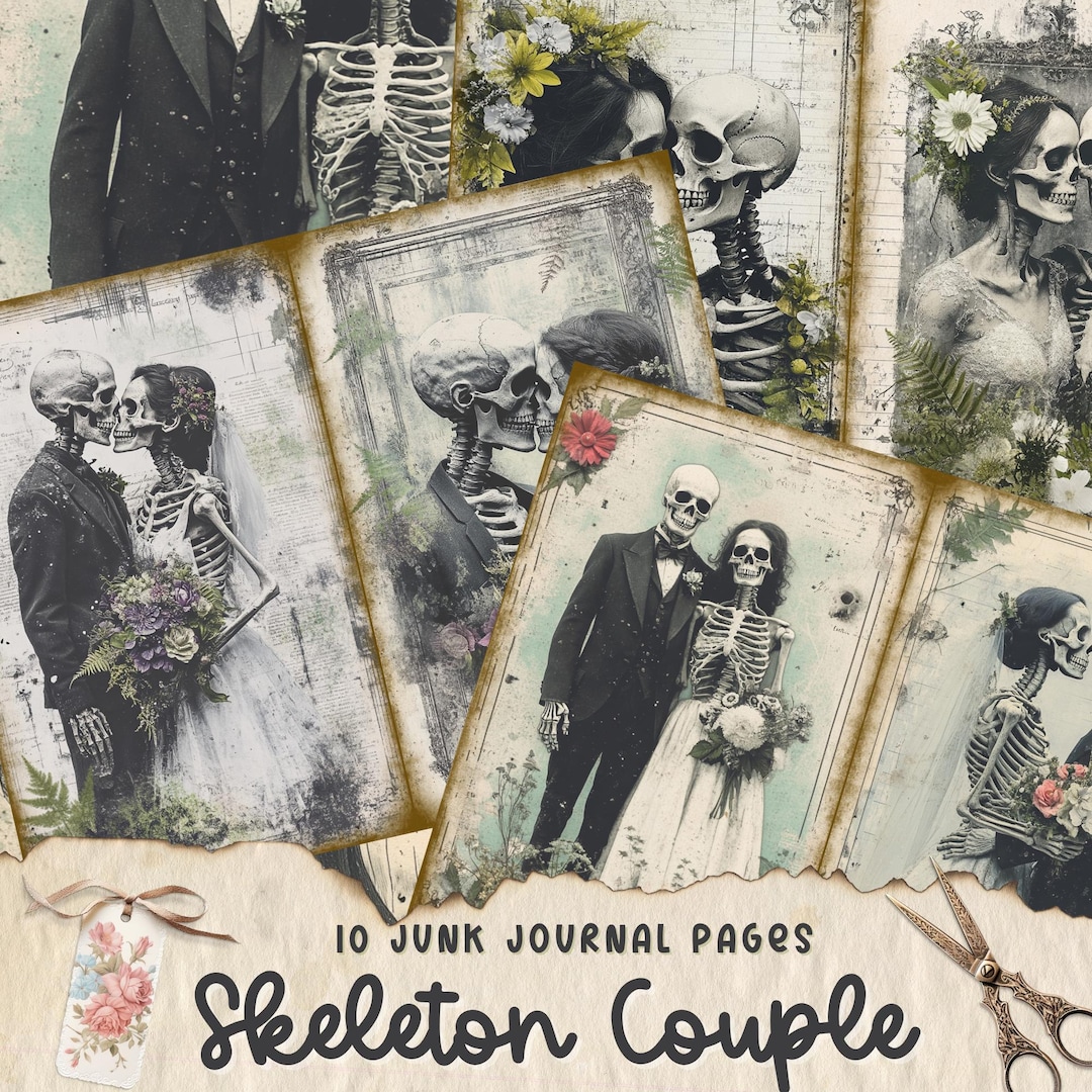 Skeleton Couple Junk Journal Kit, Gothic Wedding Scrapbook Pages ...