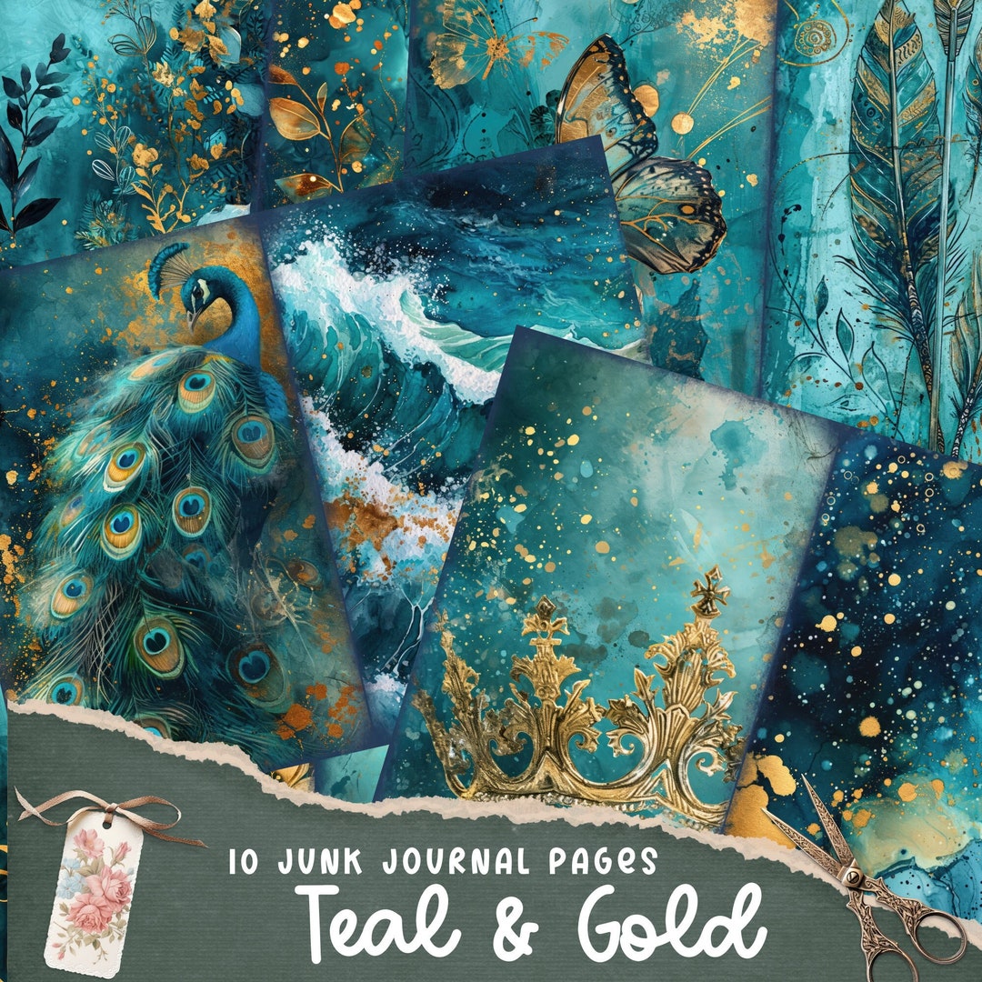 Teal and Gold Mixed Media Junk Journal Art Kit, Digital Papers ...