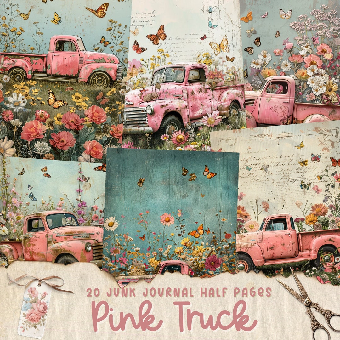 Pink Vintage Truck Junk Journal Half Pages, Digital Scrapbook Paper ...