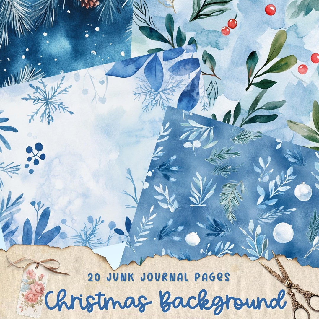 Blue Christmas Background Paper, Junk Journal Kit, Vintage Ephemera ...