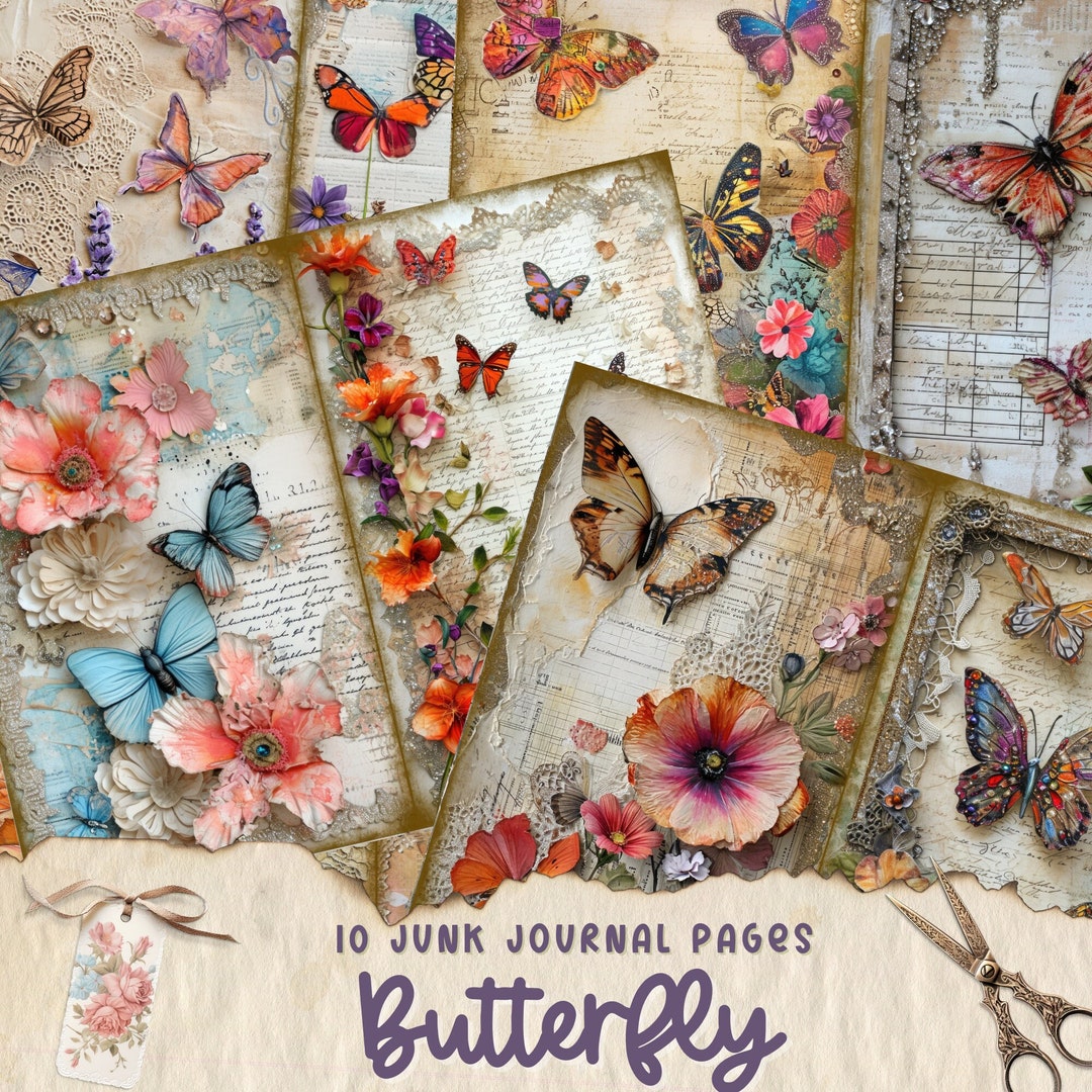 Floral Butterfly Junk Journal Paper, Fantasy Butterfly Journal Pages ...