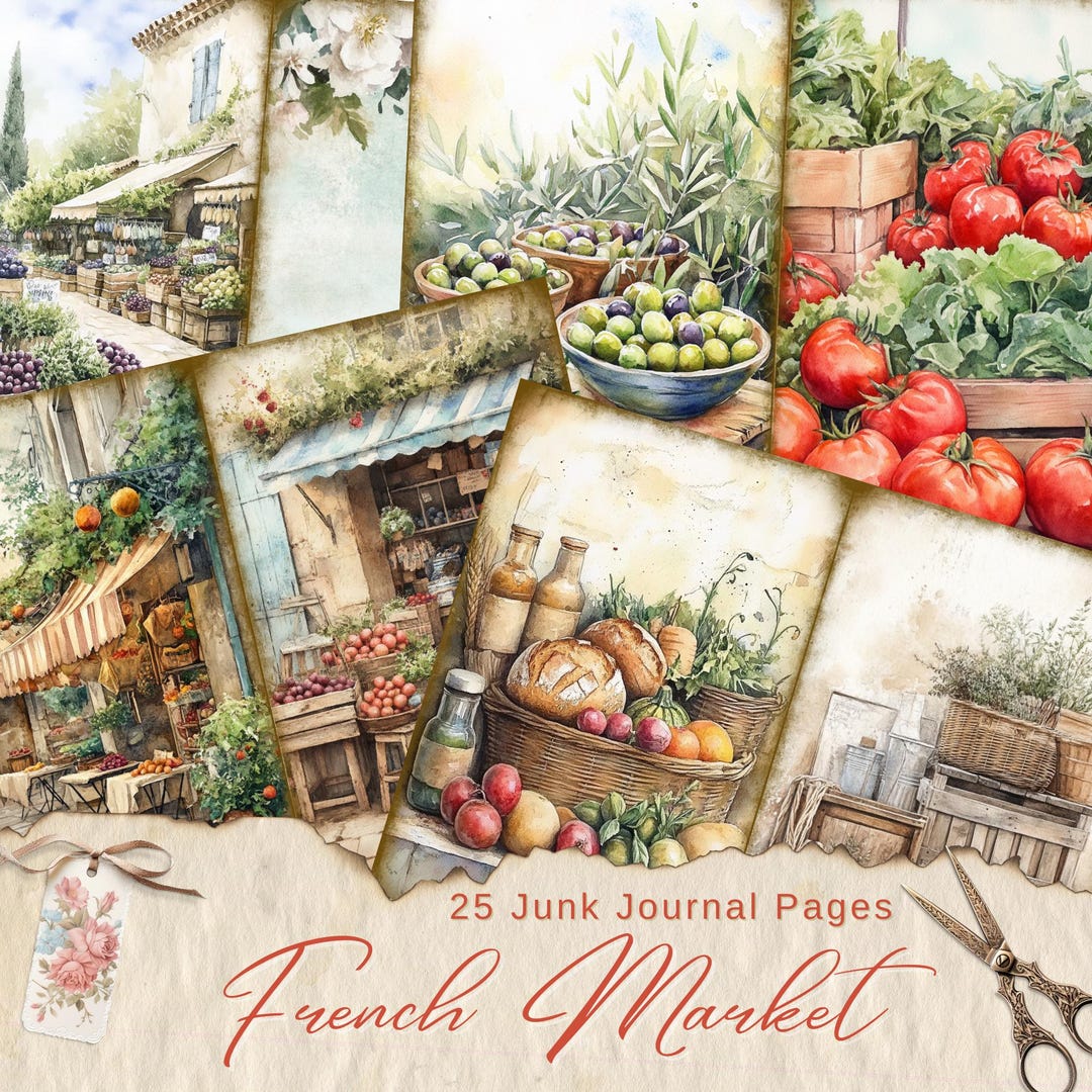French Market Junk Journal Paper, Rustic Farm Kitchen Digital Paper ...