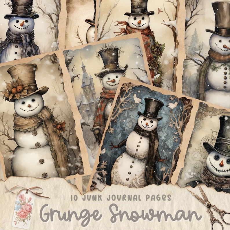 Snowman Junk Journal Pages, Digital Scrapbook Paper Kit, Christmas ...