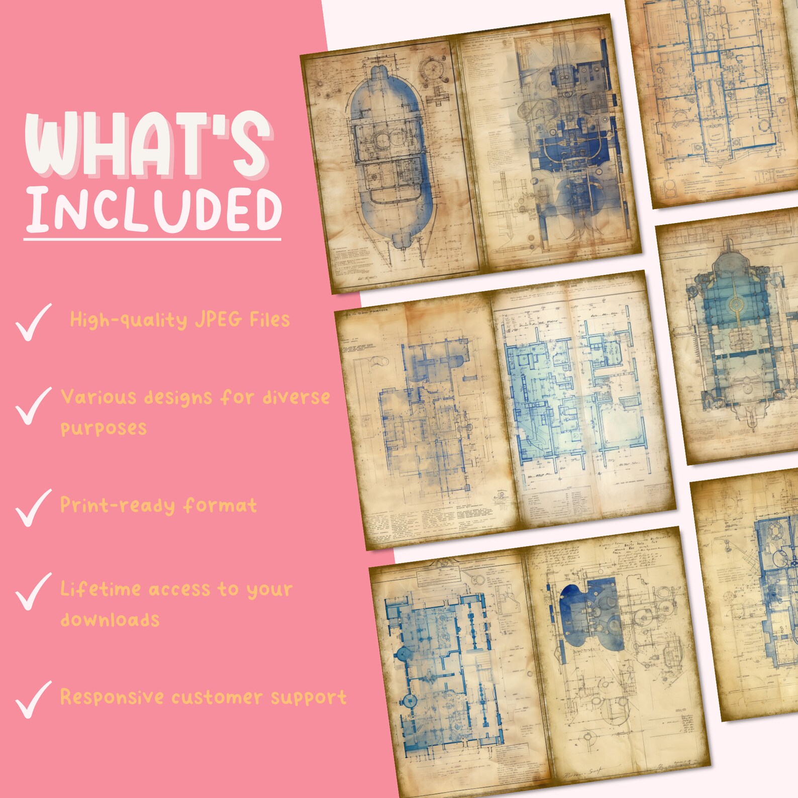 Vintage Blueprint Junk Journal Pages, Printable Collage Sheet, Digital ...
