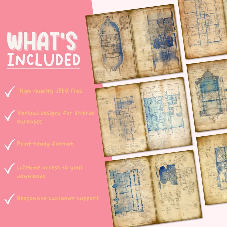 Vintage Blueprint Junk Journal Pages, Printable Collage Sheet, Digital ...