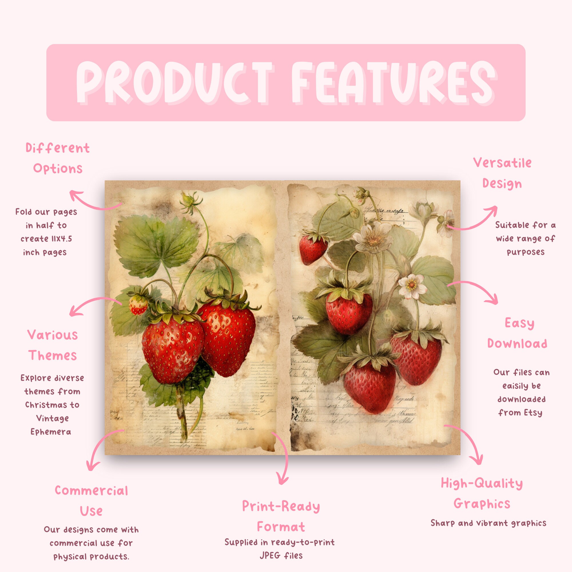 Strawberries Junk Journal Pages, Digital Scrapbook Paper Kit, Fruit ...