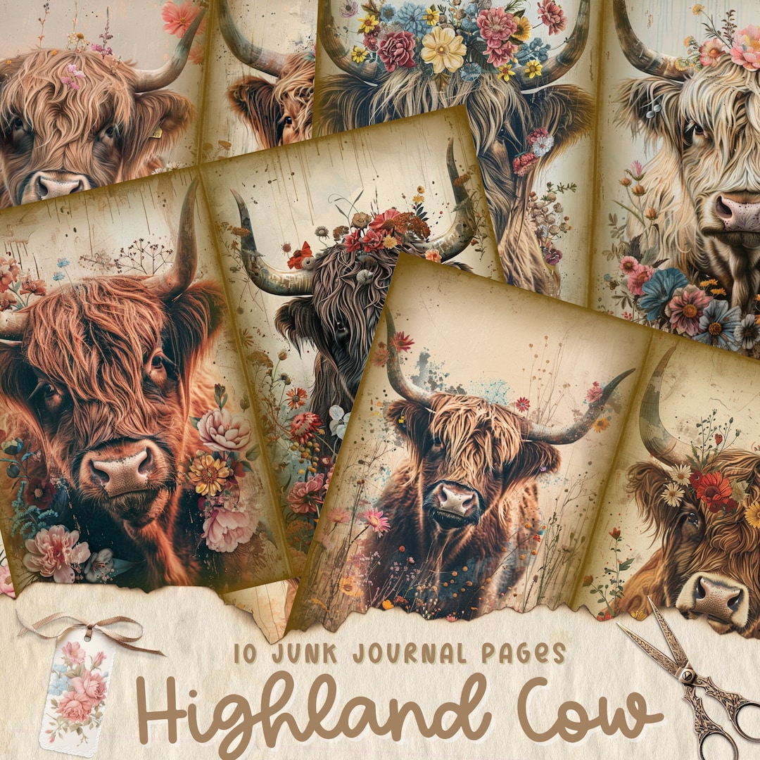 Highland Cow Junk Journal Pages, Vintage Floral Journal Papers, Junk ...
