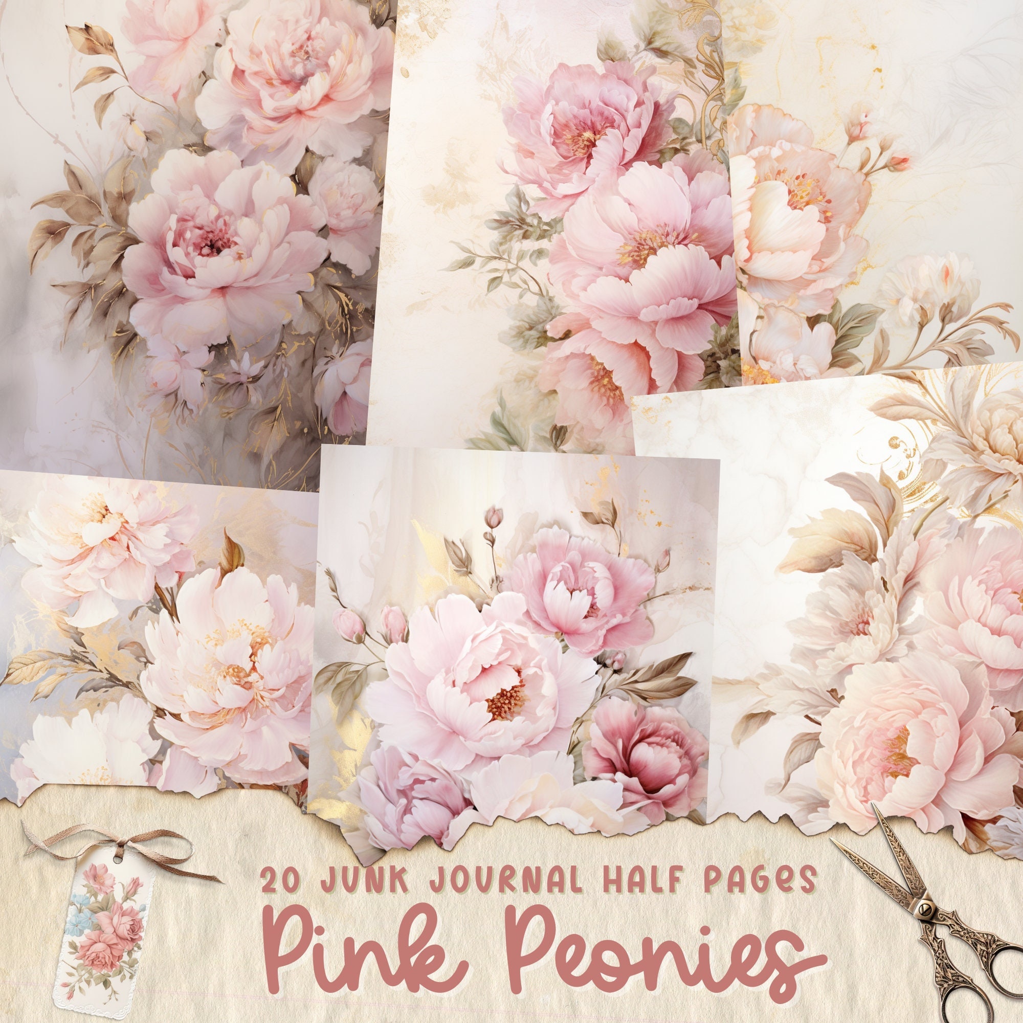 Peonies Junk Journal Half Pages, Digital Scrapbook Paper, Floral ...