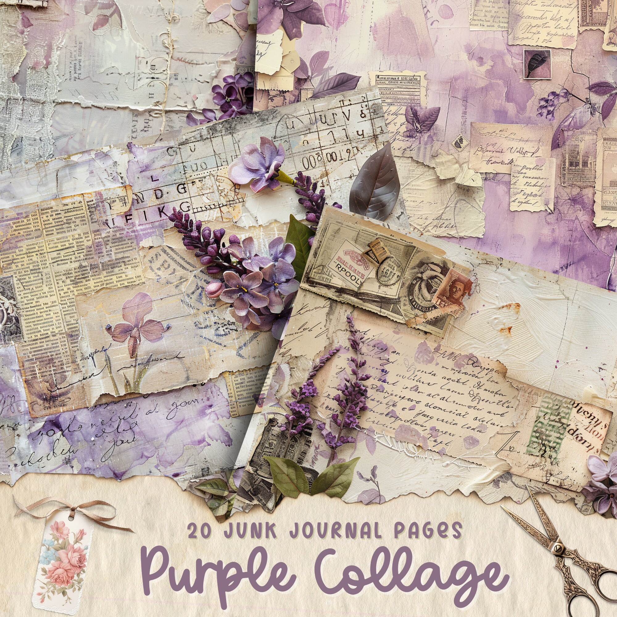 Junk Journal | Purple Newspaper Collage Style | Journal Pages | Card ...