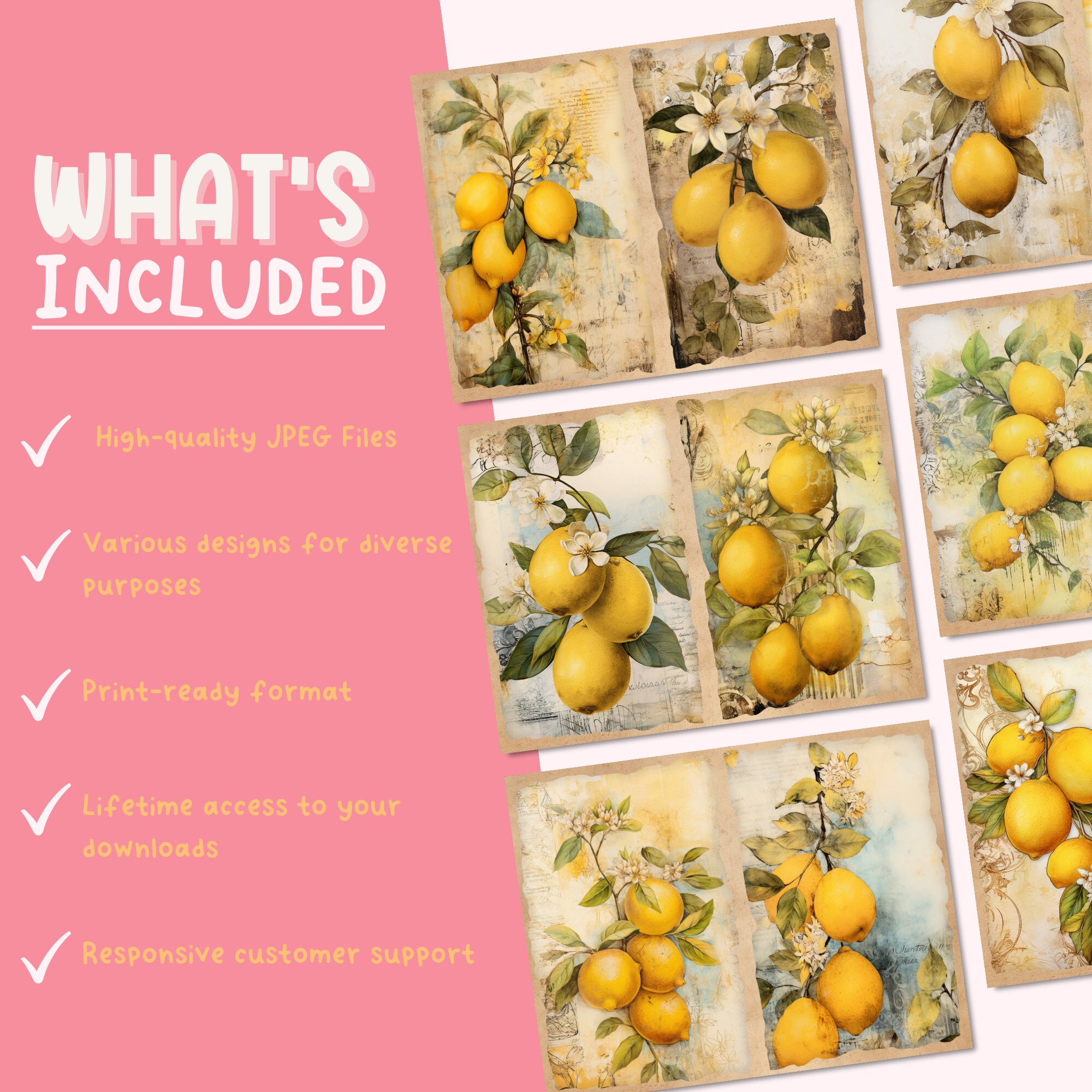 Lemon Junk Journal Pages, Digital Scrapbook Paper Kit, Fruit Printable ...