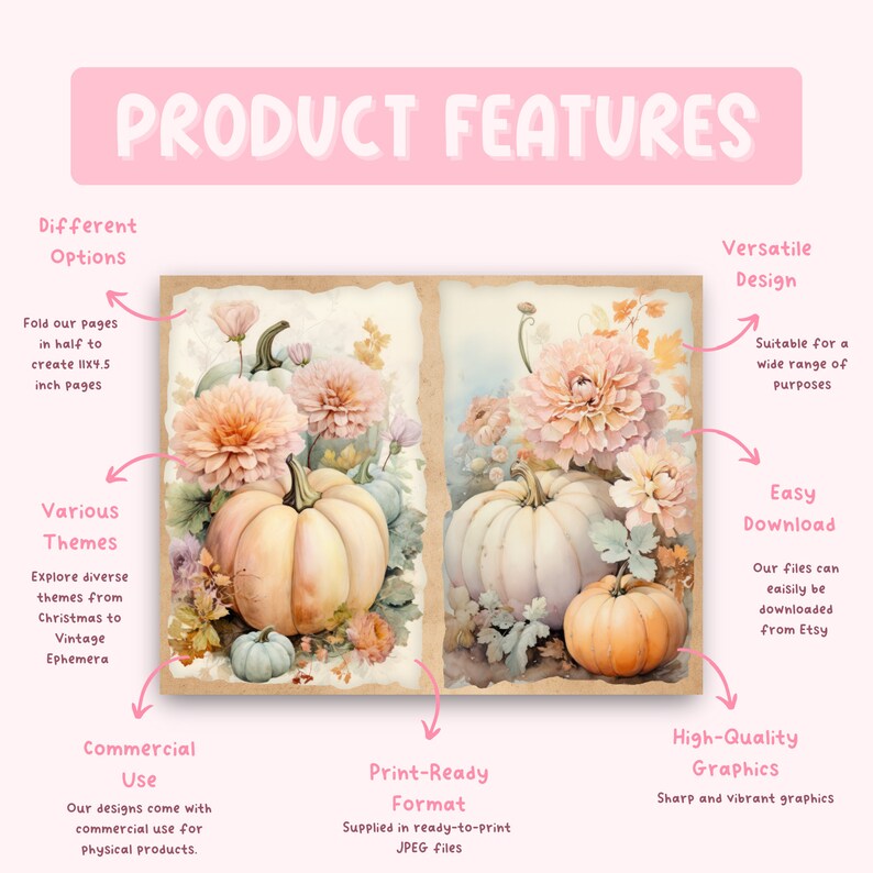 Autumn Junk Journal Kit, Fall Junk Journal Pages, Floral Pumpkin Junk ...