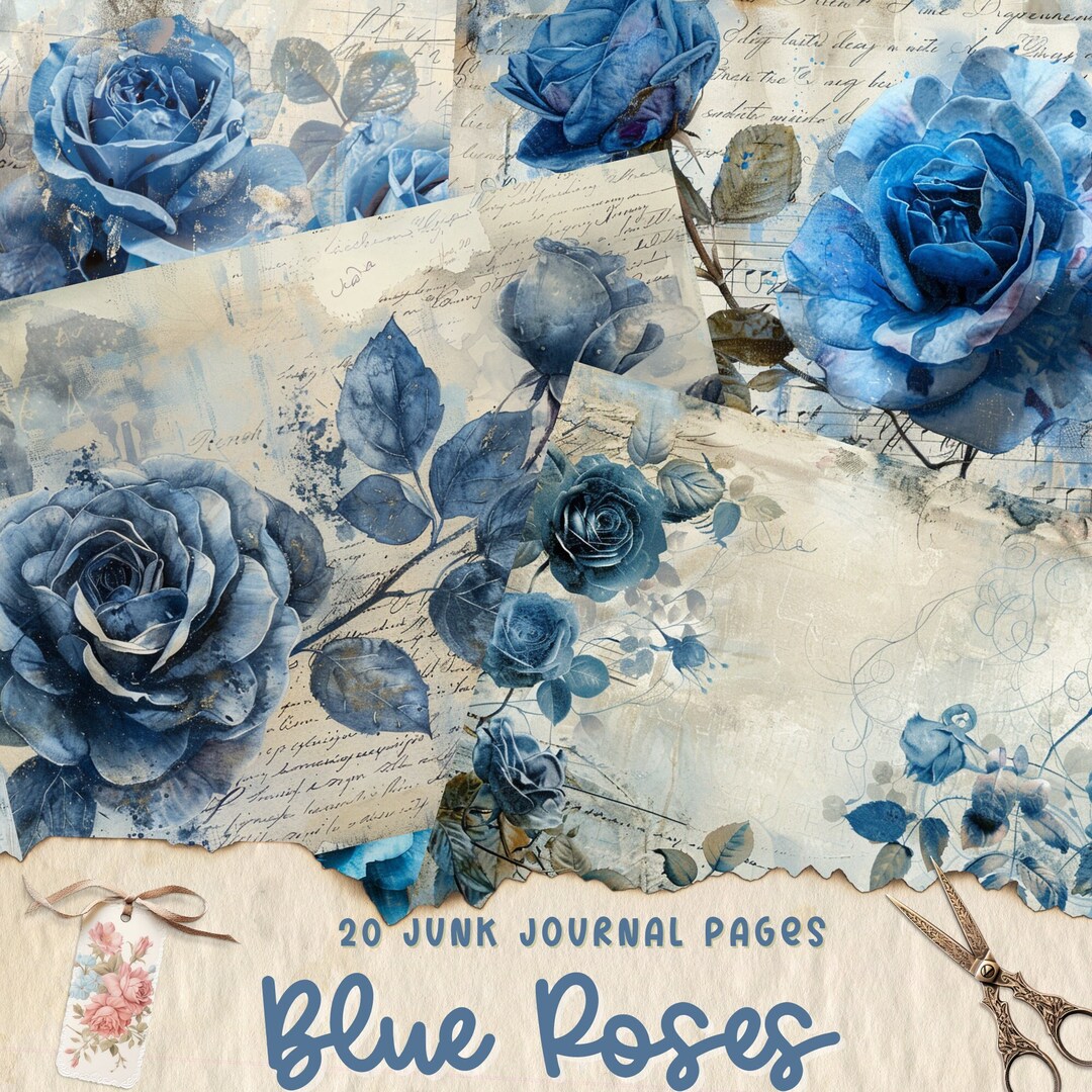 Vintage Blue Rose Junk Journal Page Bundle, Shabby Chic, Printable ...