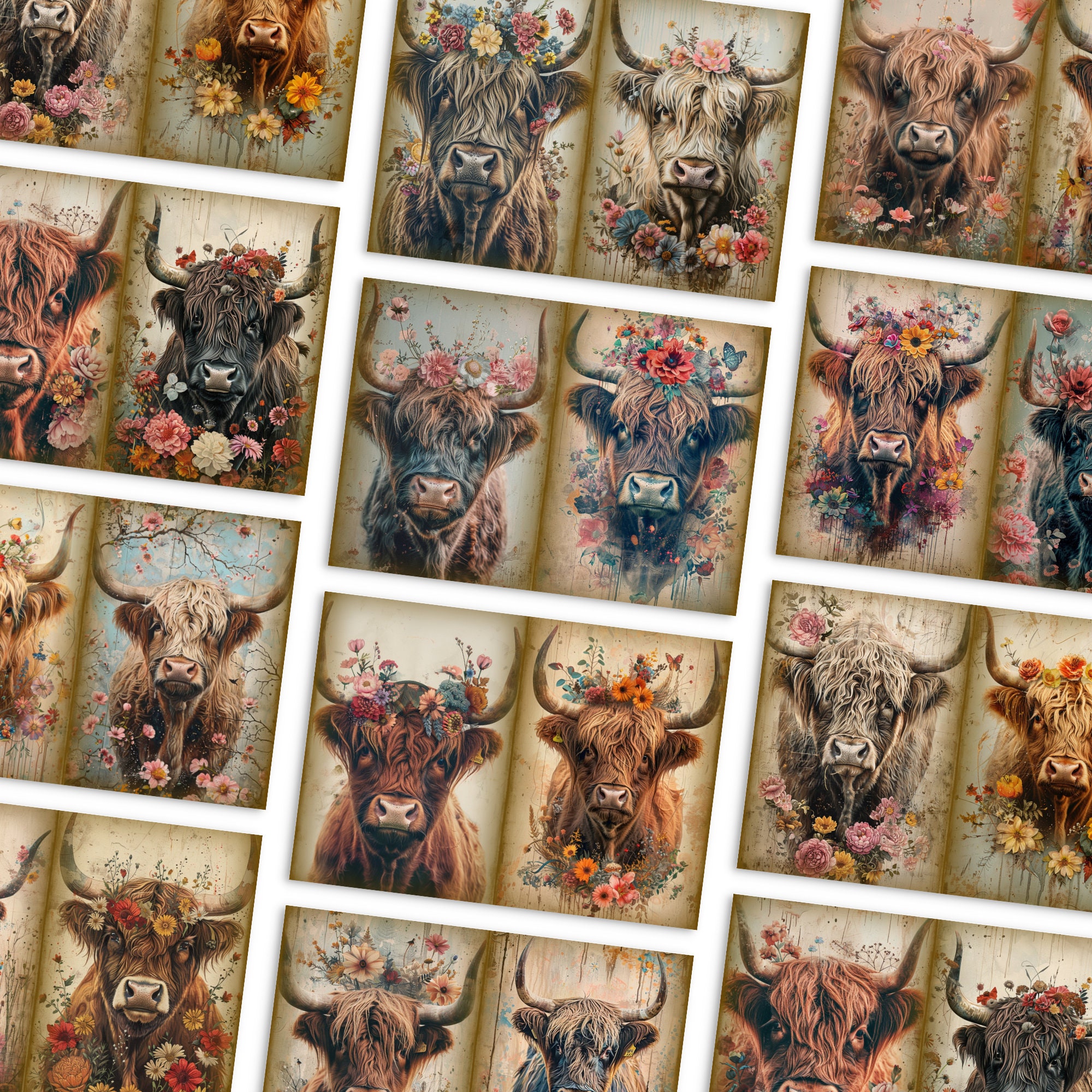 Highland Cow Junk Journal Pages, Vintage Floral Journal Papers, Junk ...
