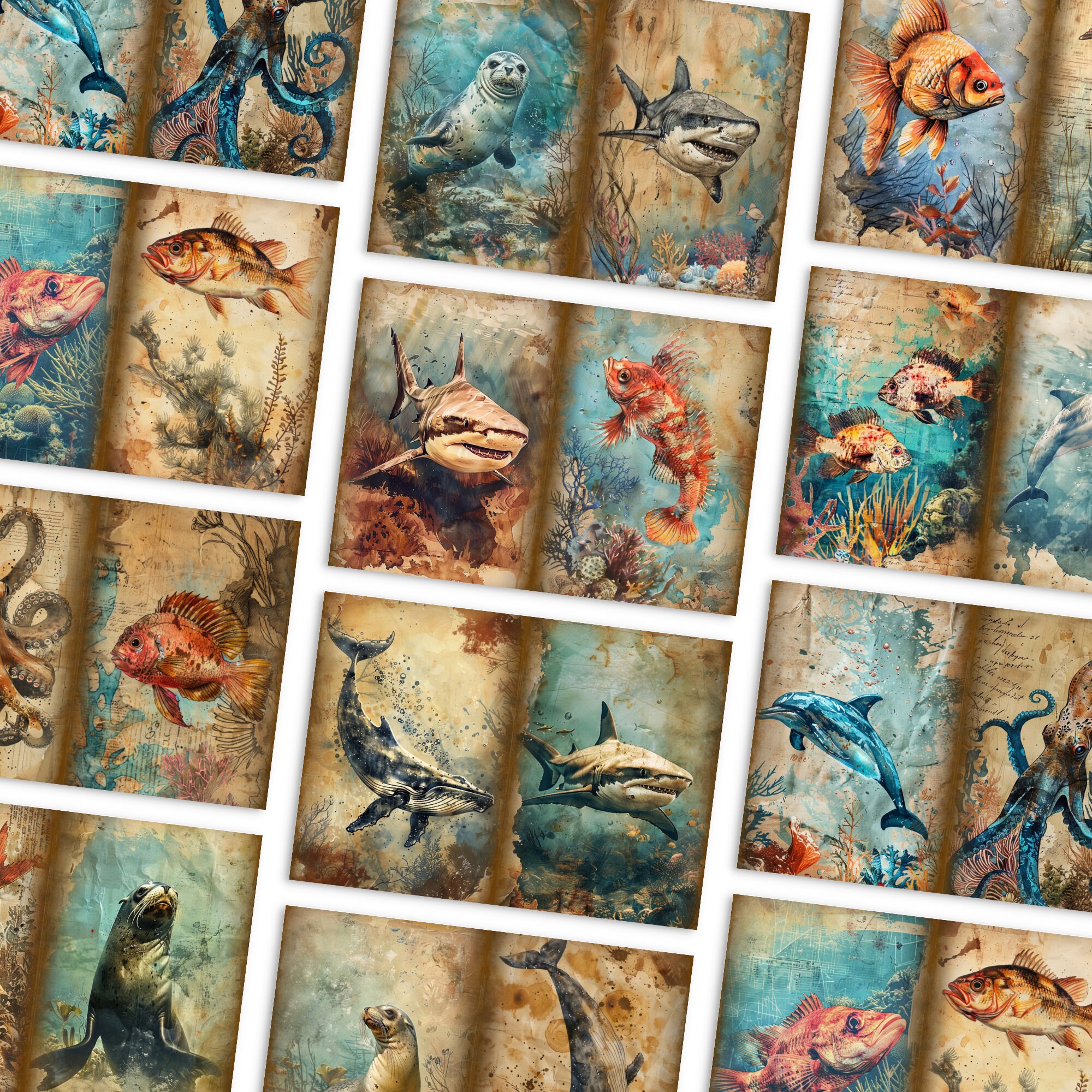 Ocean Animal Junk Journal Bundle, Background Paper, Digital Paper ...