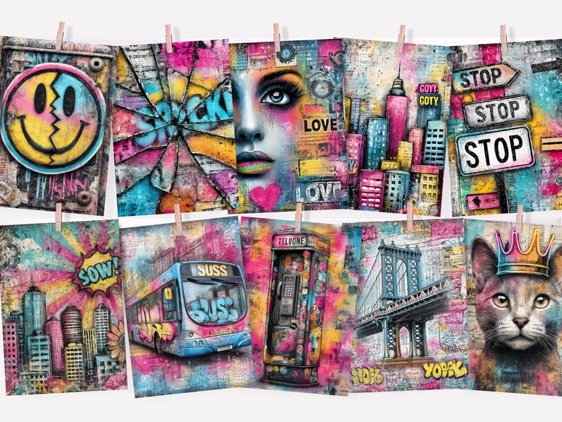 Graffiti Junk Journal Papers, Urban Street Art Digital Paper, Bold ...